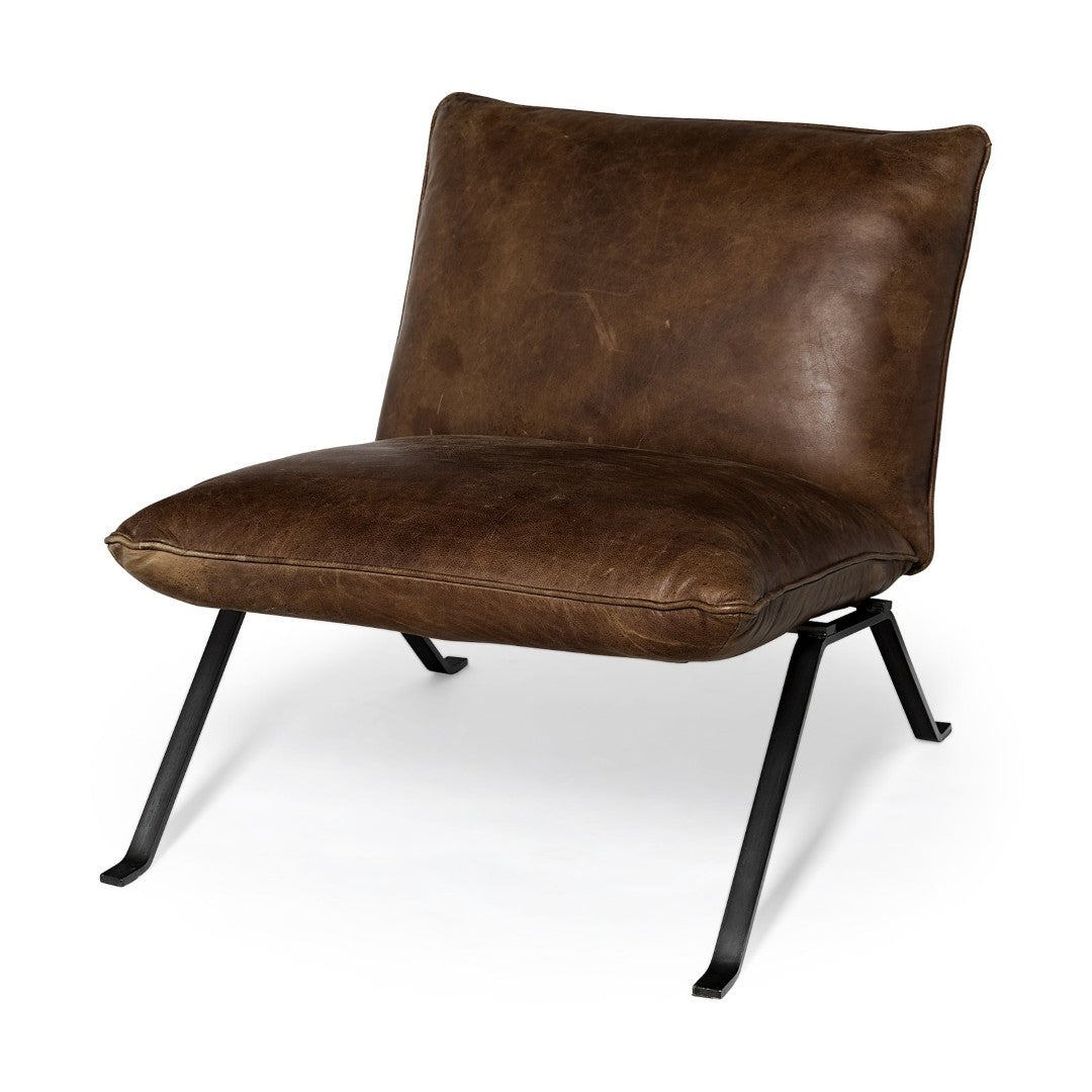 Flavelle I Stylish Brown Leather Accent Chair with Solid Iron Base for