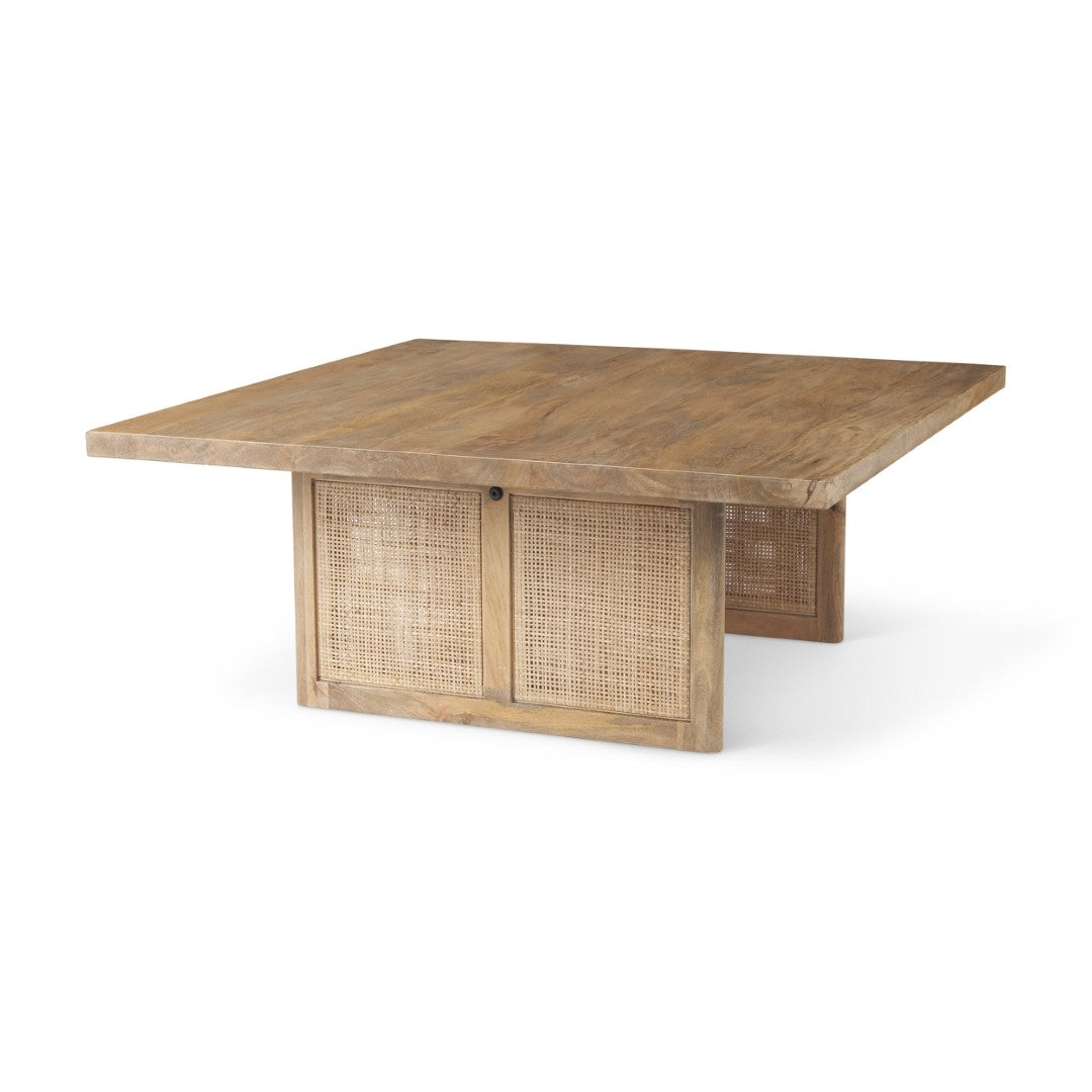 Grier 42" Square Coffee Table – Solid Mango Wood with Elegant Cane Det