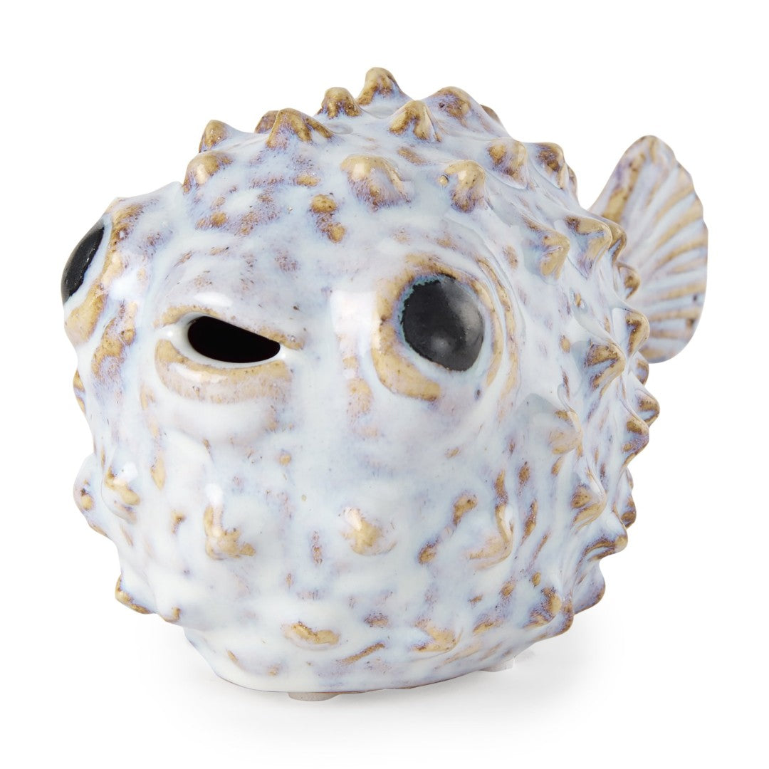 Spike Ceramic Puffer Fish Sculpture - Coastal Charm with Blue Gold Acc