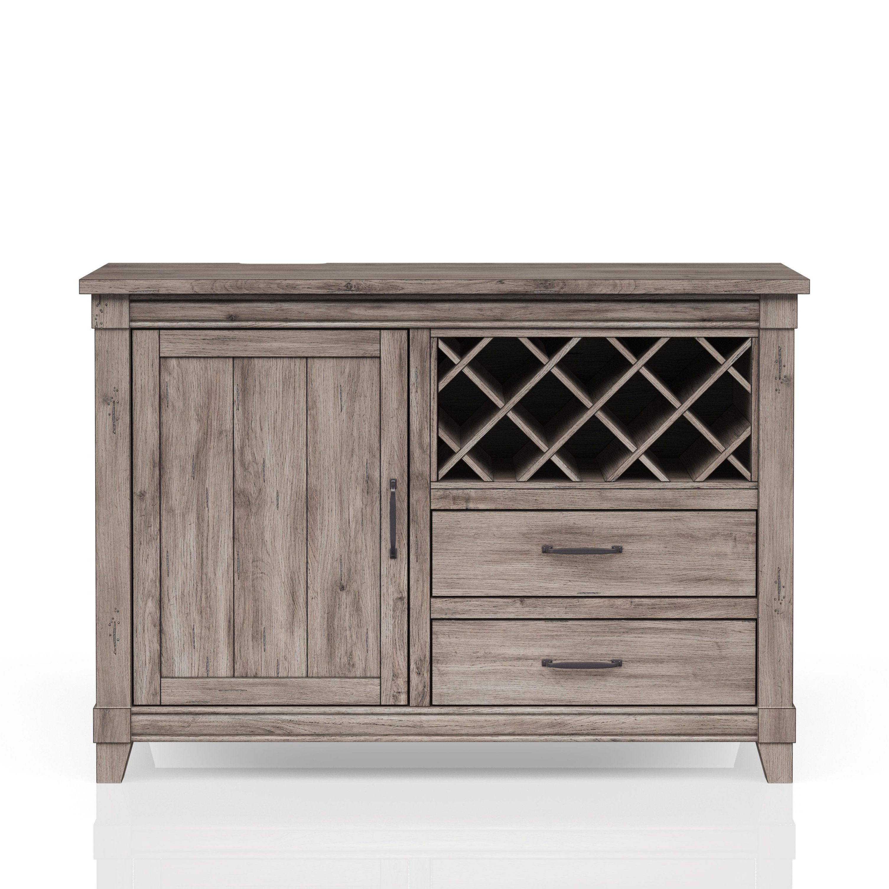 Rustic Gray Dining Server With Wine Storage, Power Ready, Dual Drawers