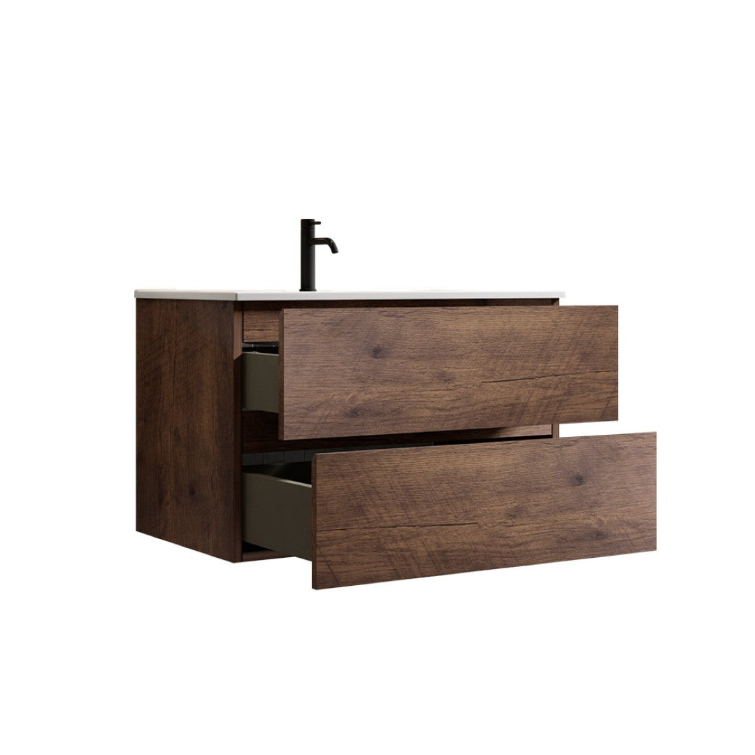 Wall Mount 30" Walnut Bathroom Vanity With Ceramic Sink & Storage – Mo