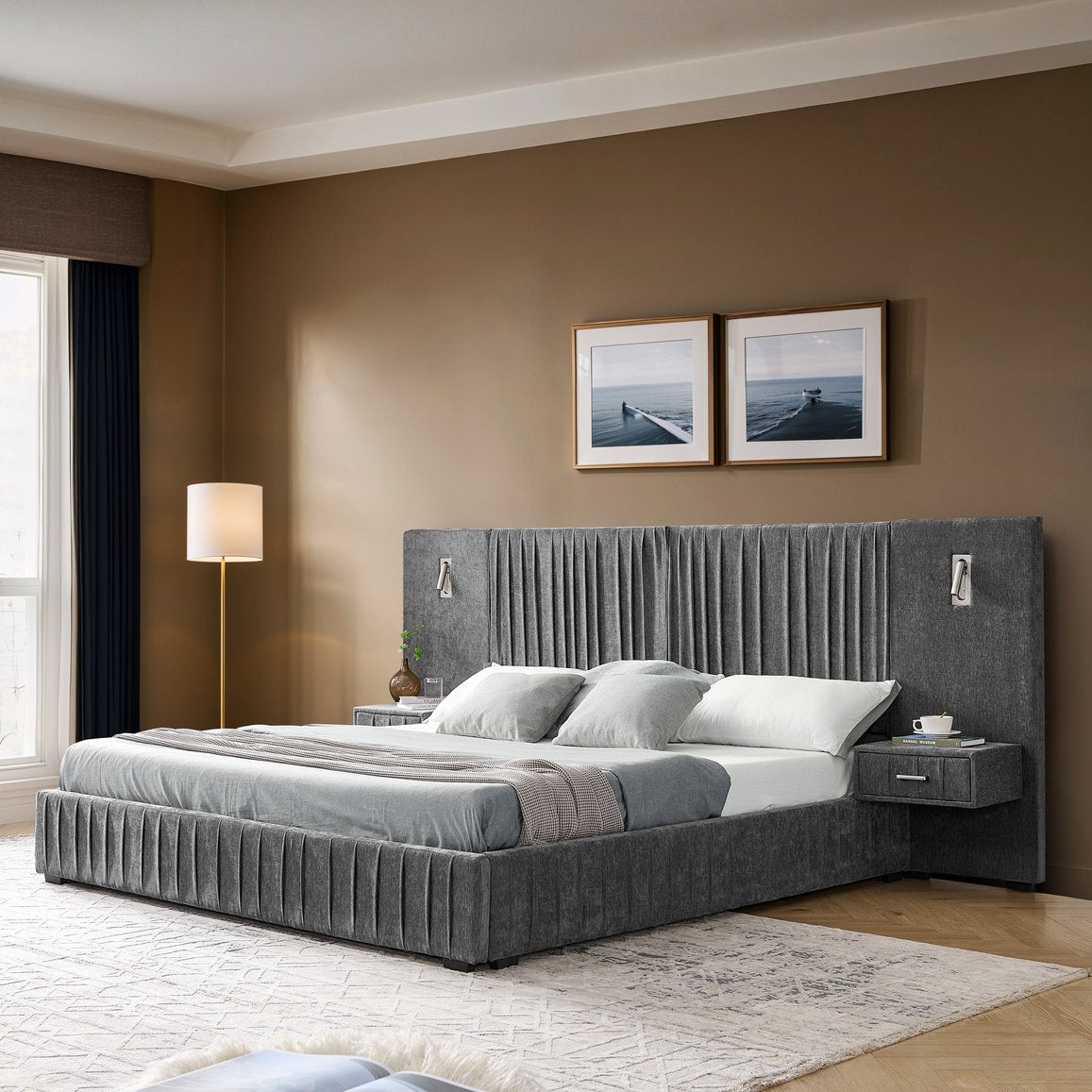 Queen Modern Upholstered Platform Bed With Pleated Chenille Headboard,