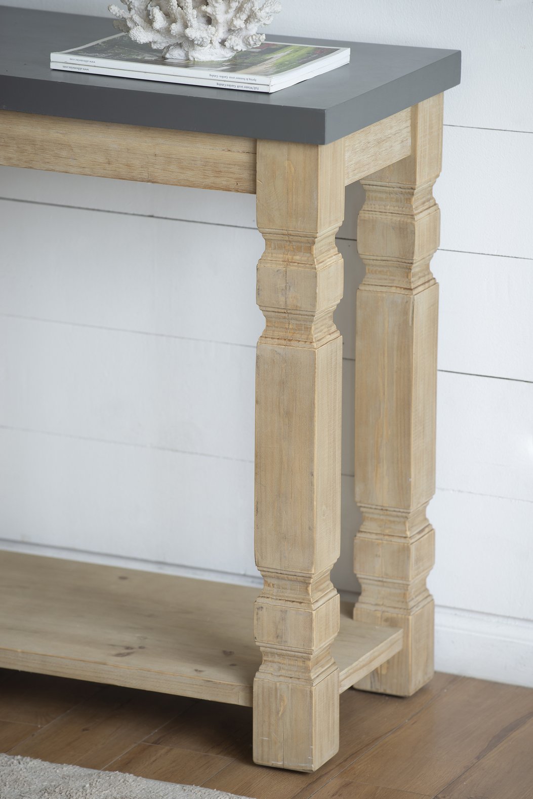 42X15.7X31" Concrete Top Console Table With Turned Wood Legs, Rustic-M