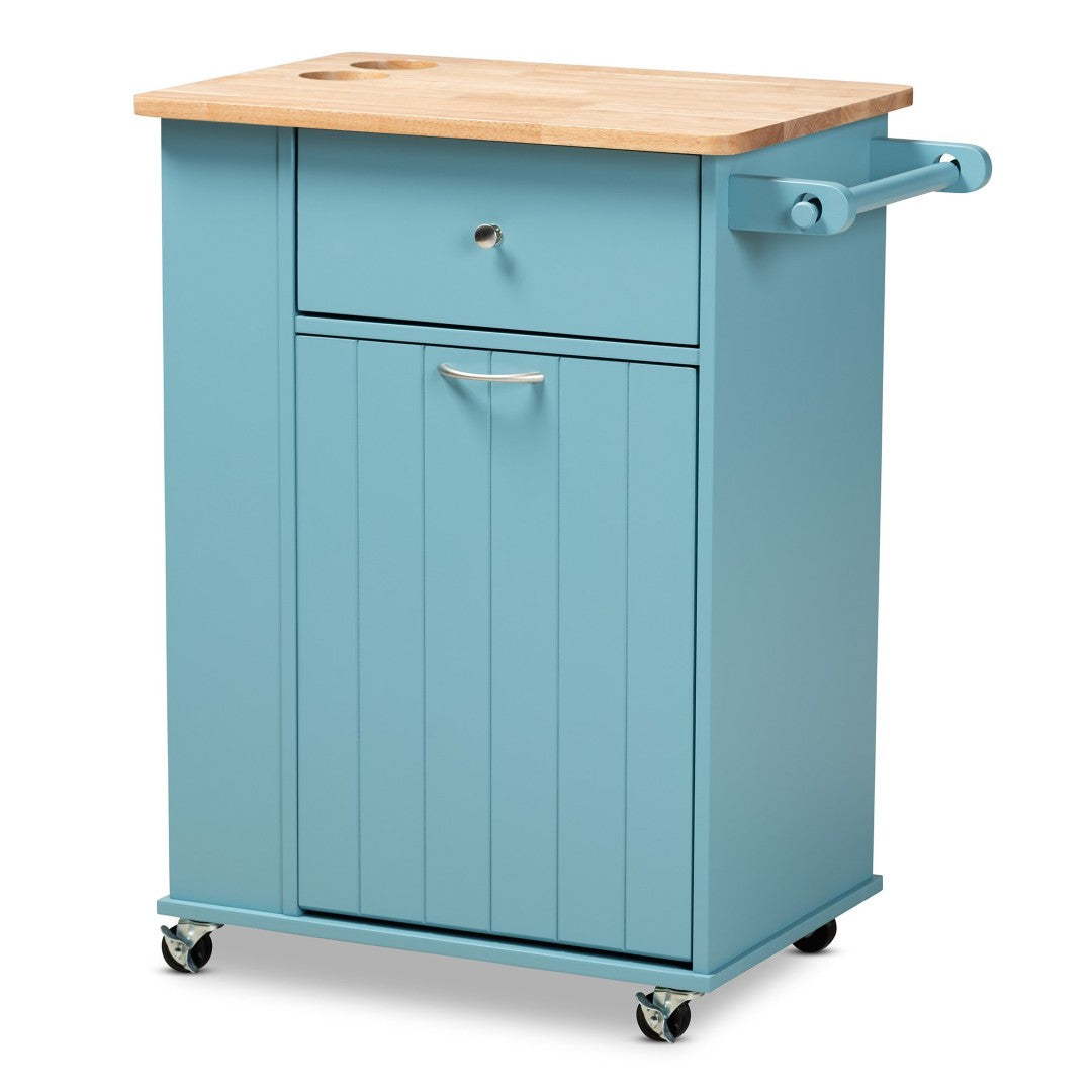 Baxton Studio Liona Sky Blue Kitchen Cart with Knife Holder, Shelves