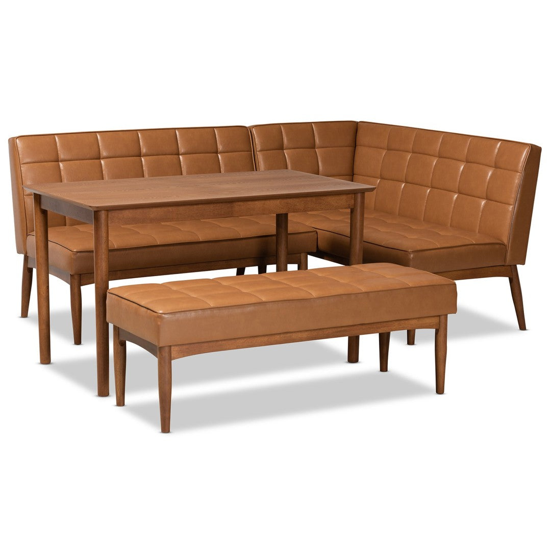 Baxton Modern Tan Faux Leather Dining Nook Set with Walnut Wood & Comf