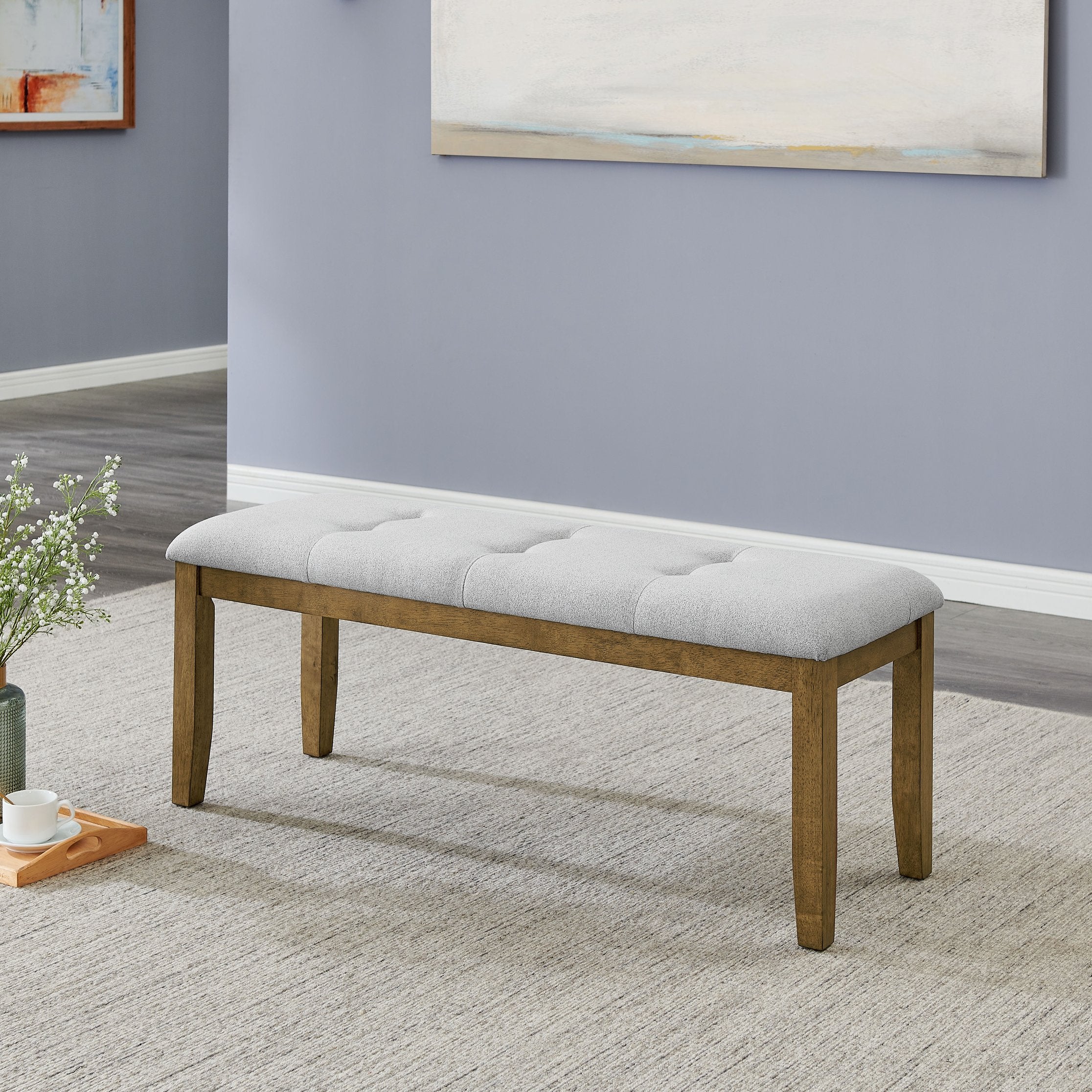 Darla Tufted Dining Bench In Walnut Oak With Light Gray Upholstery — 5