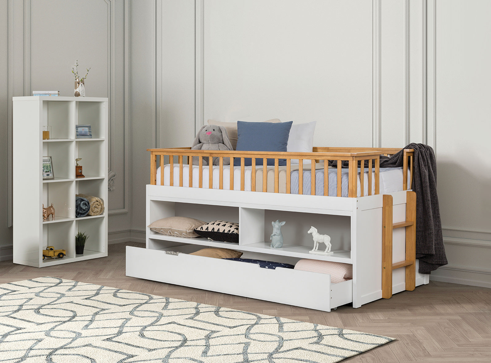 Twin Captain Bed With Trundle, White & Light Oak Transitional Frame, B