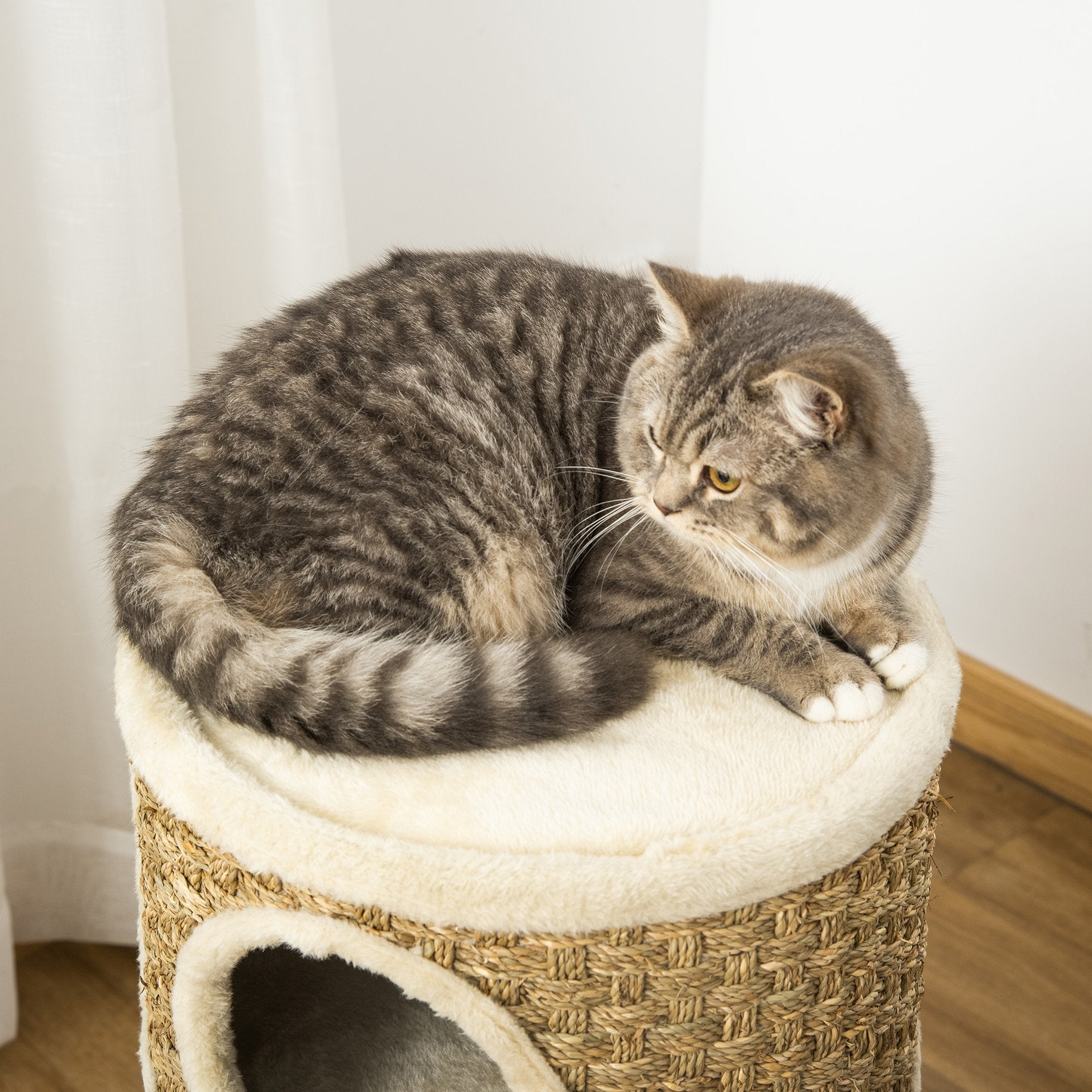 PawHut 3-Story Cat Condo Barrel House with Sisal Scratcher, Plush Line