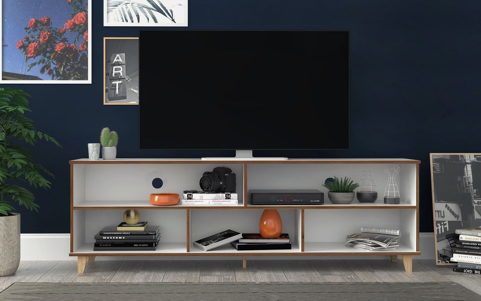 Warren Mid-Century Modern TV Stand - Stylish Media Center with Open Sh