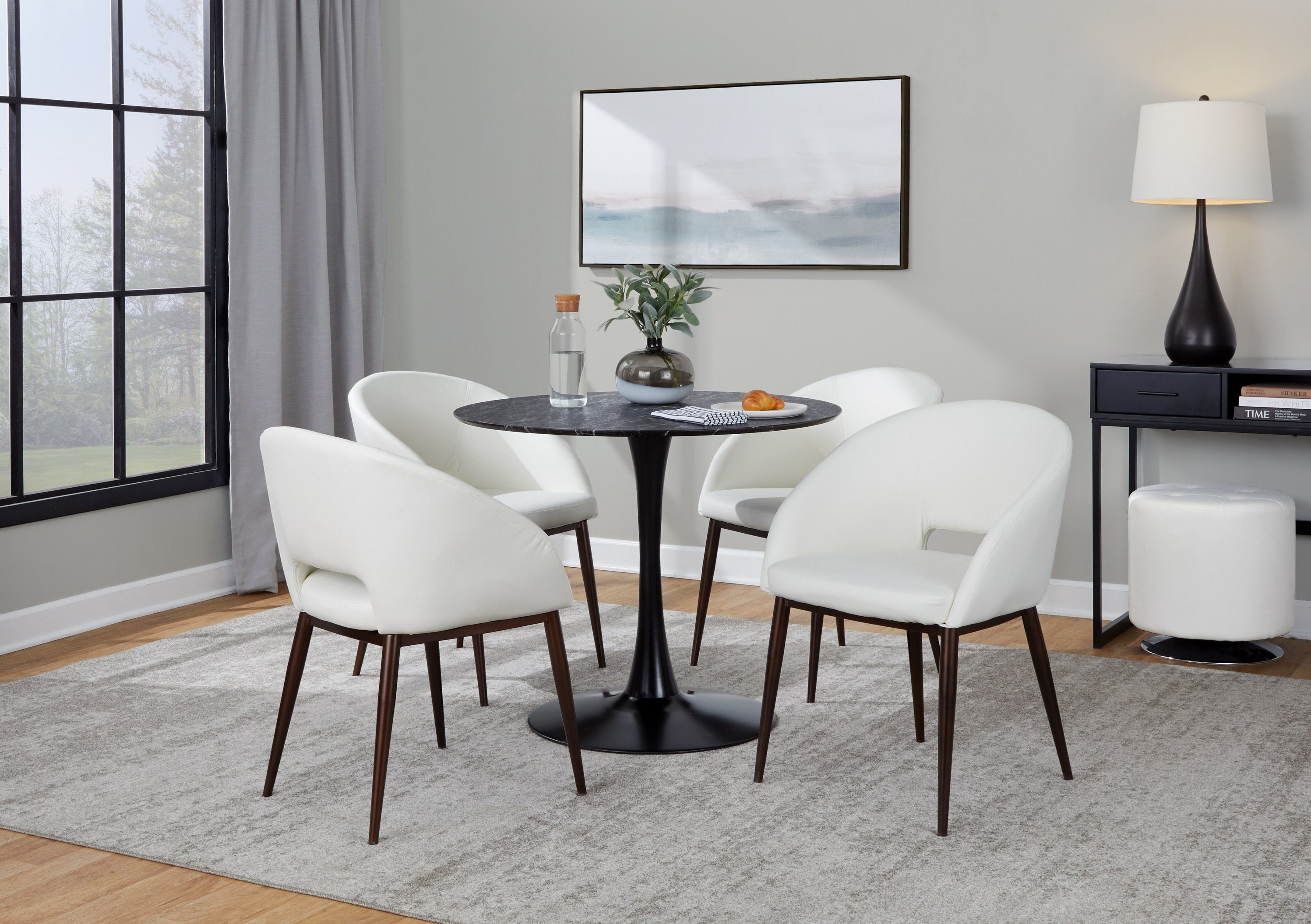 Renee Contemporary Accent Chair In White Faux Leather With Copper Meta