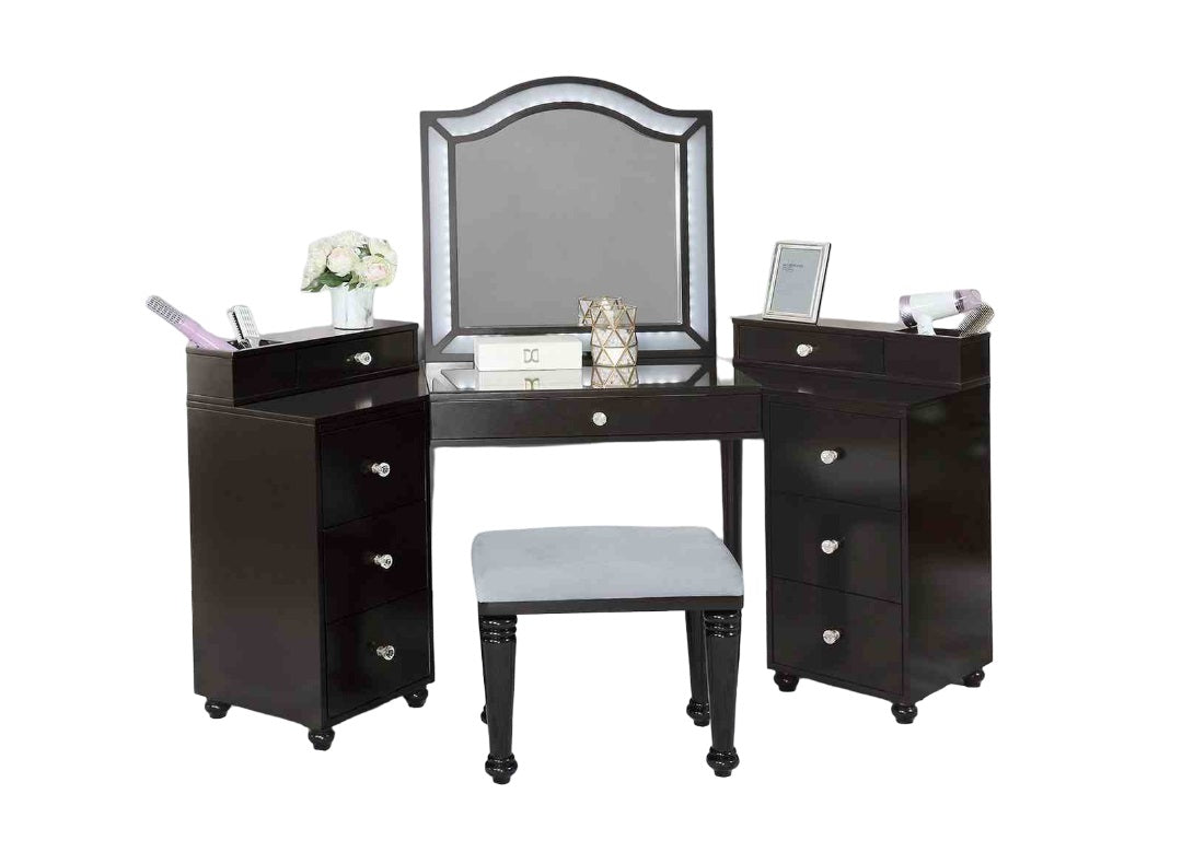 Glam Elegant Vanity Set With Led Mirror, Plush Stool, Ample Storage, F