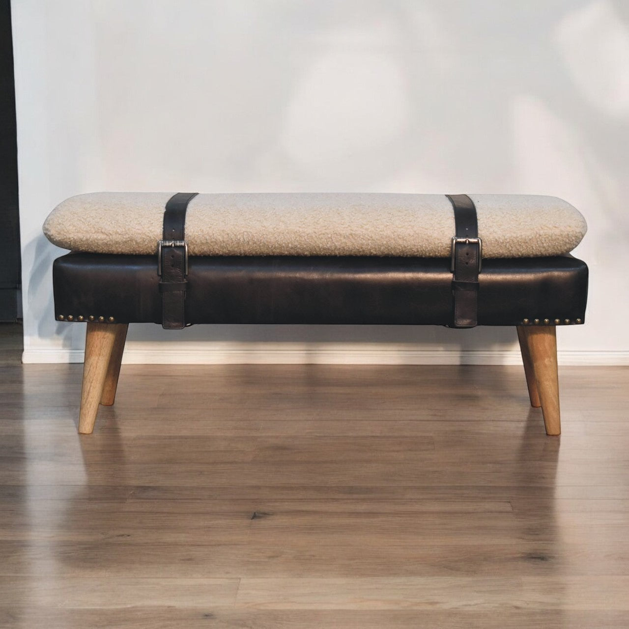 Bouclé Buffalo Hide Leather Bench With Nordic Legs - Handcrafted, Eleg