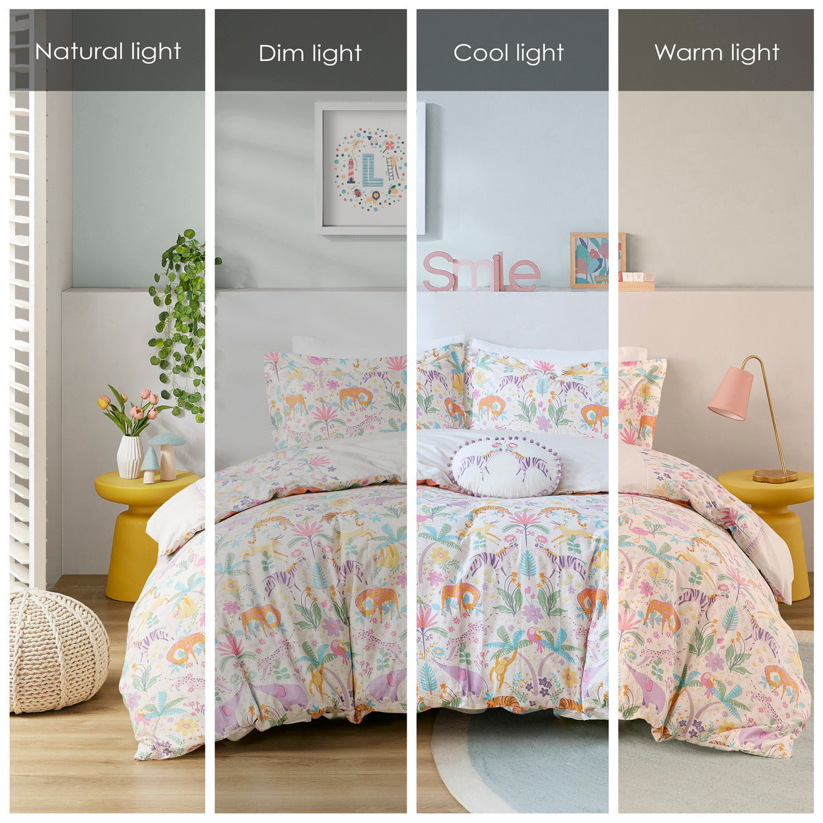 Twin Lulu Reversible Cotton Duvet Cover Set With Jungle Animals, Flora