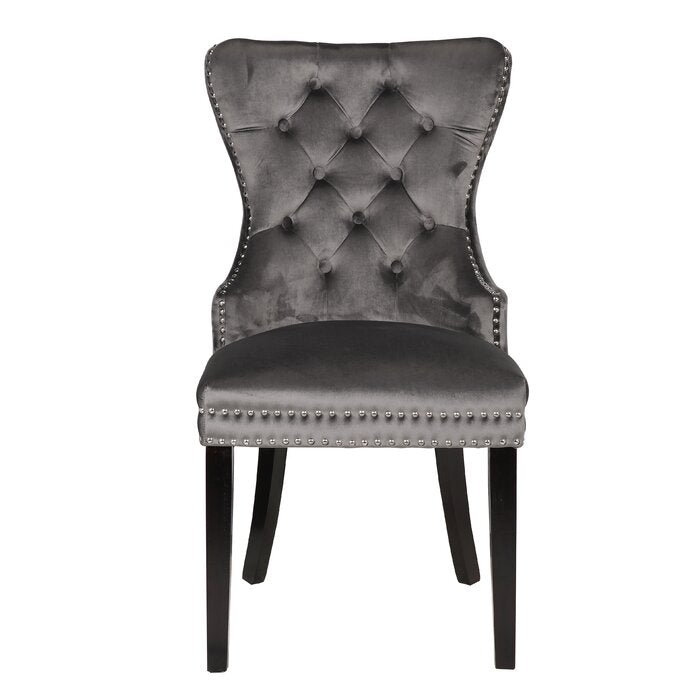 Erica Velvet Tufted Dining Chairs 2Pc Dark Gray Cushioned Seats Wood L