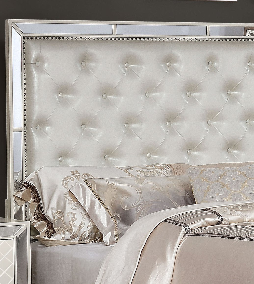 King Tufted Upholstery Bed With Jeweled Buttons, Mirrored Panels & Shi