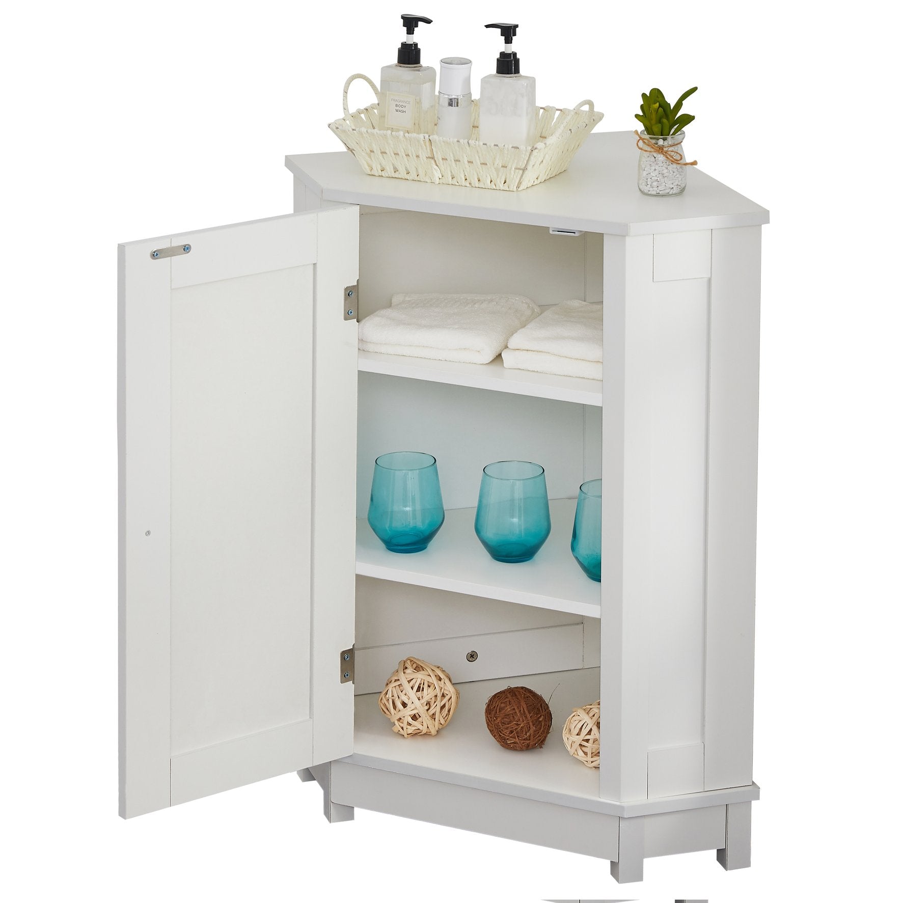 White Triangle Corner Bathroom Cabinet with Adjustable Shelves, MDF St