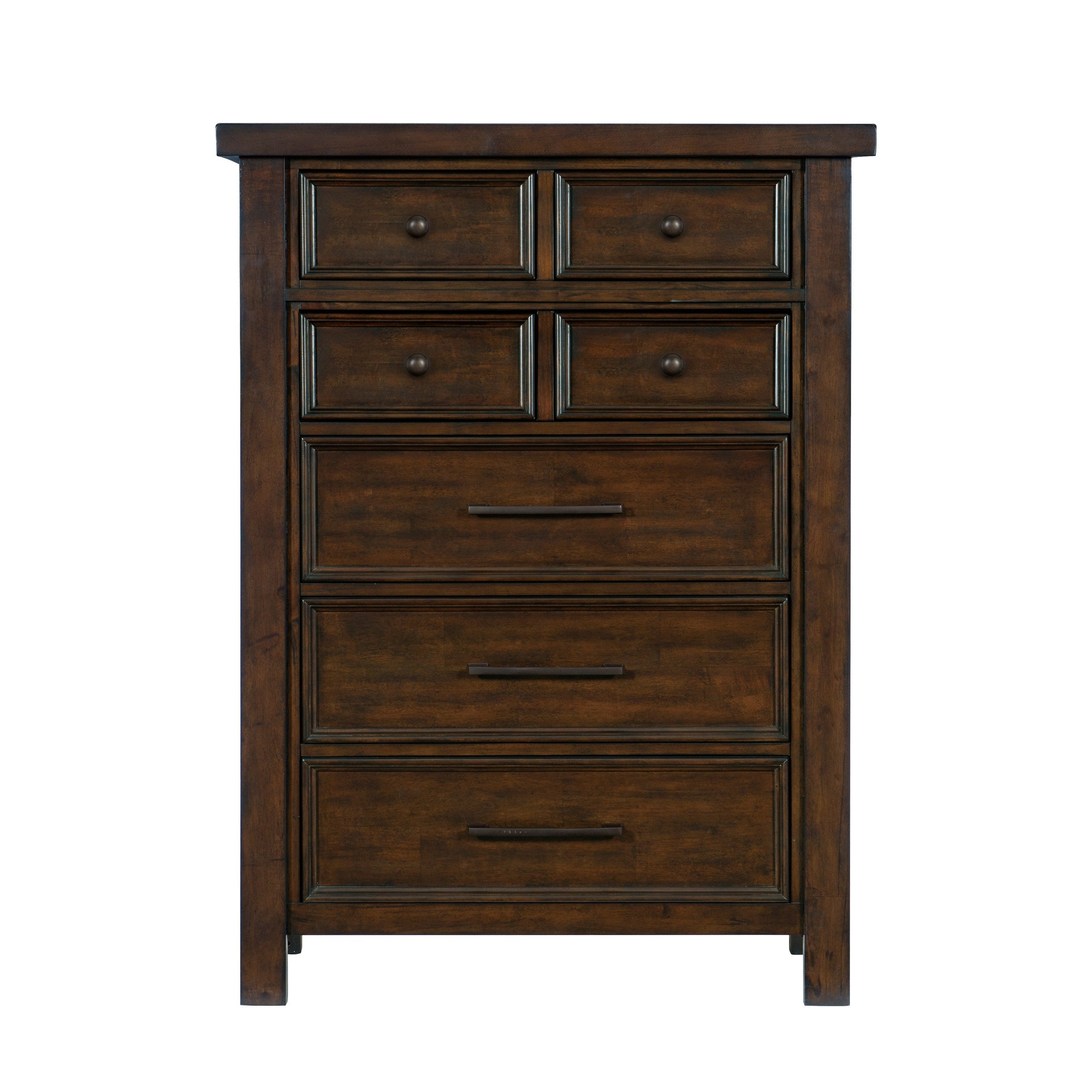 Classic Transitional Brown Mango Veneer 5-Drawer Chest with Dark Metal