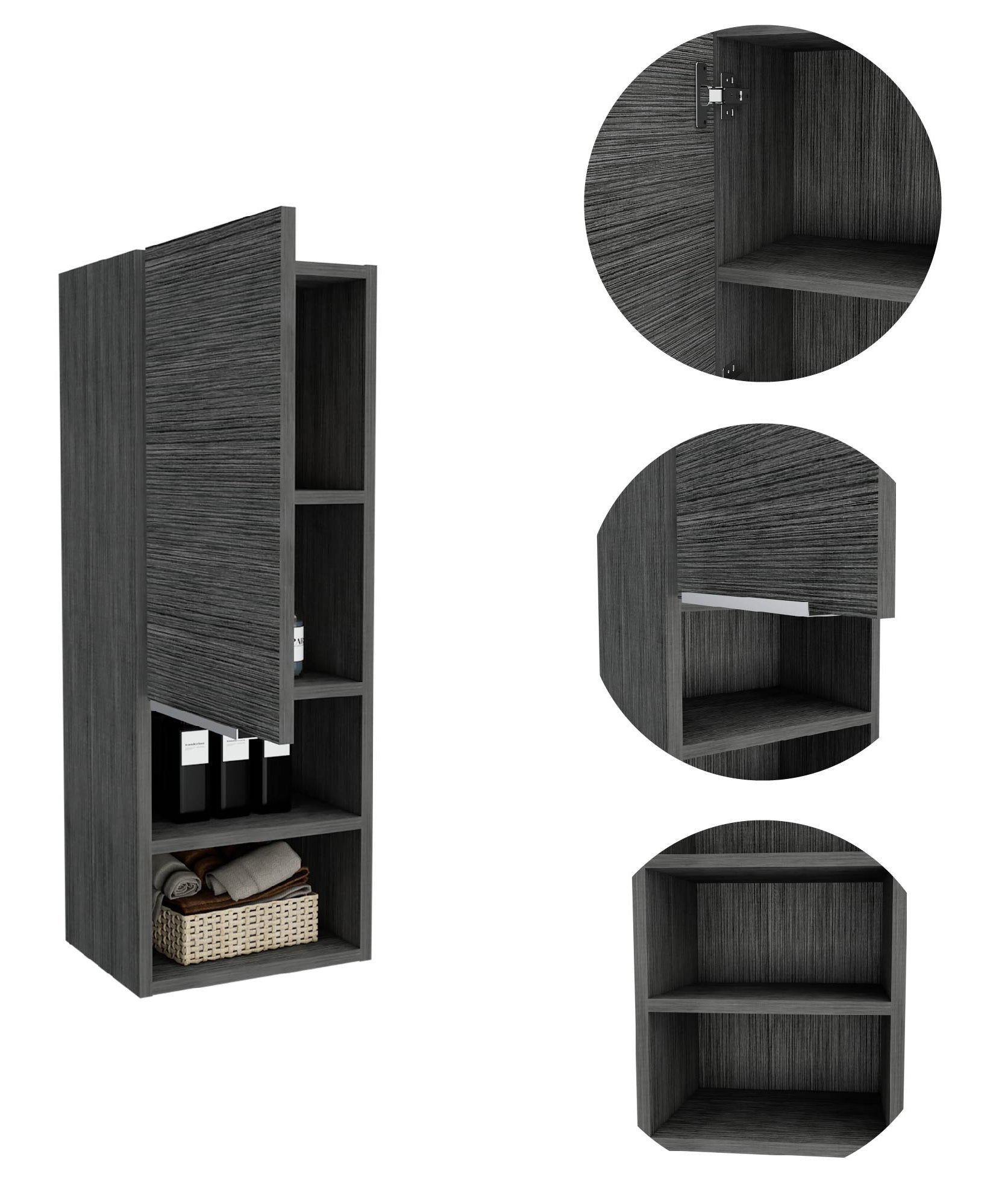 Smokey Oak Modern Rectangle Medicine Cabinet With 4 Shelves, 2 Open Ti