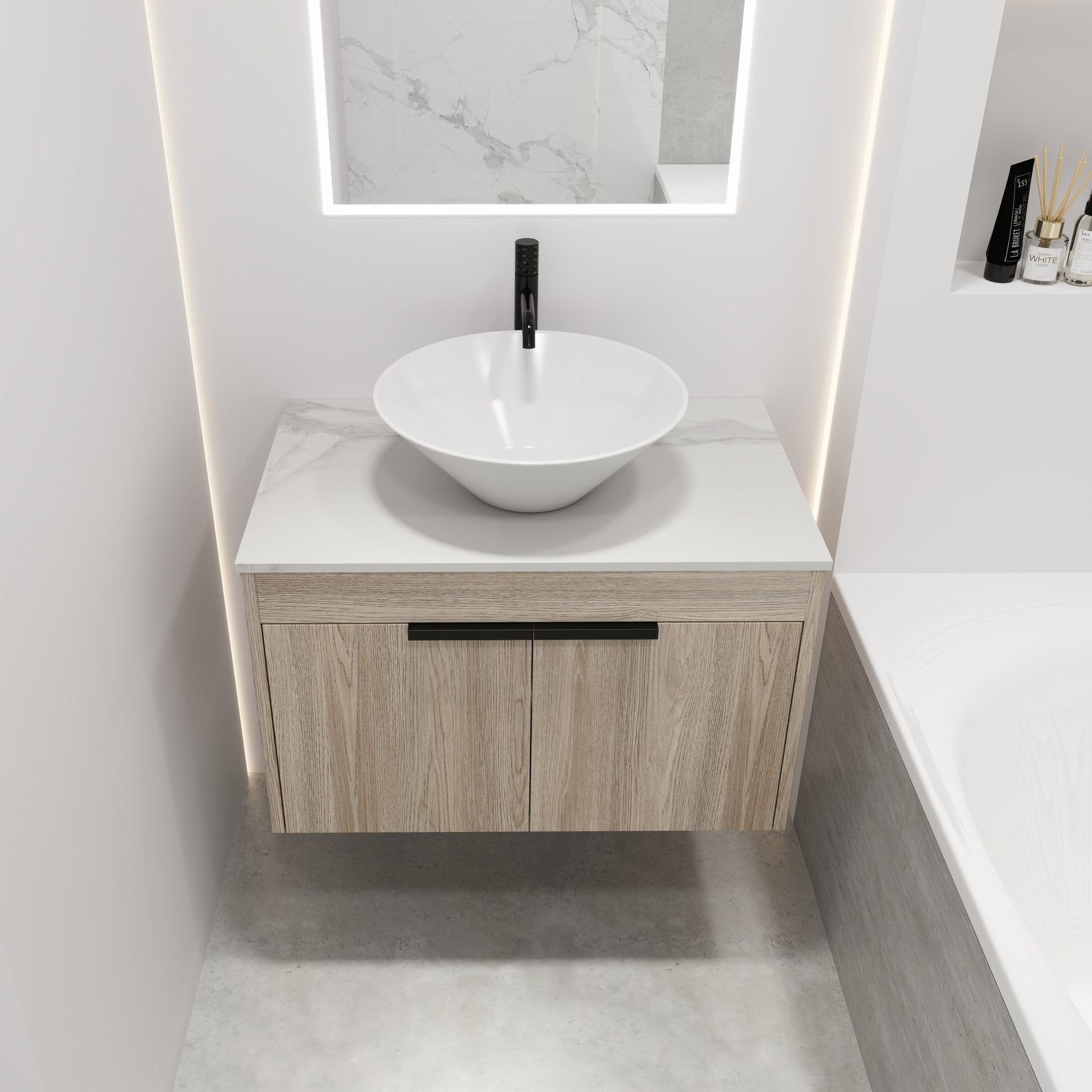 30''Modern Floating Bathroom Vanity Wall Mounted White Oak With Cerami