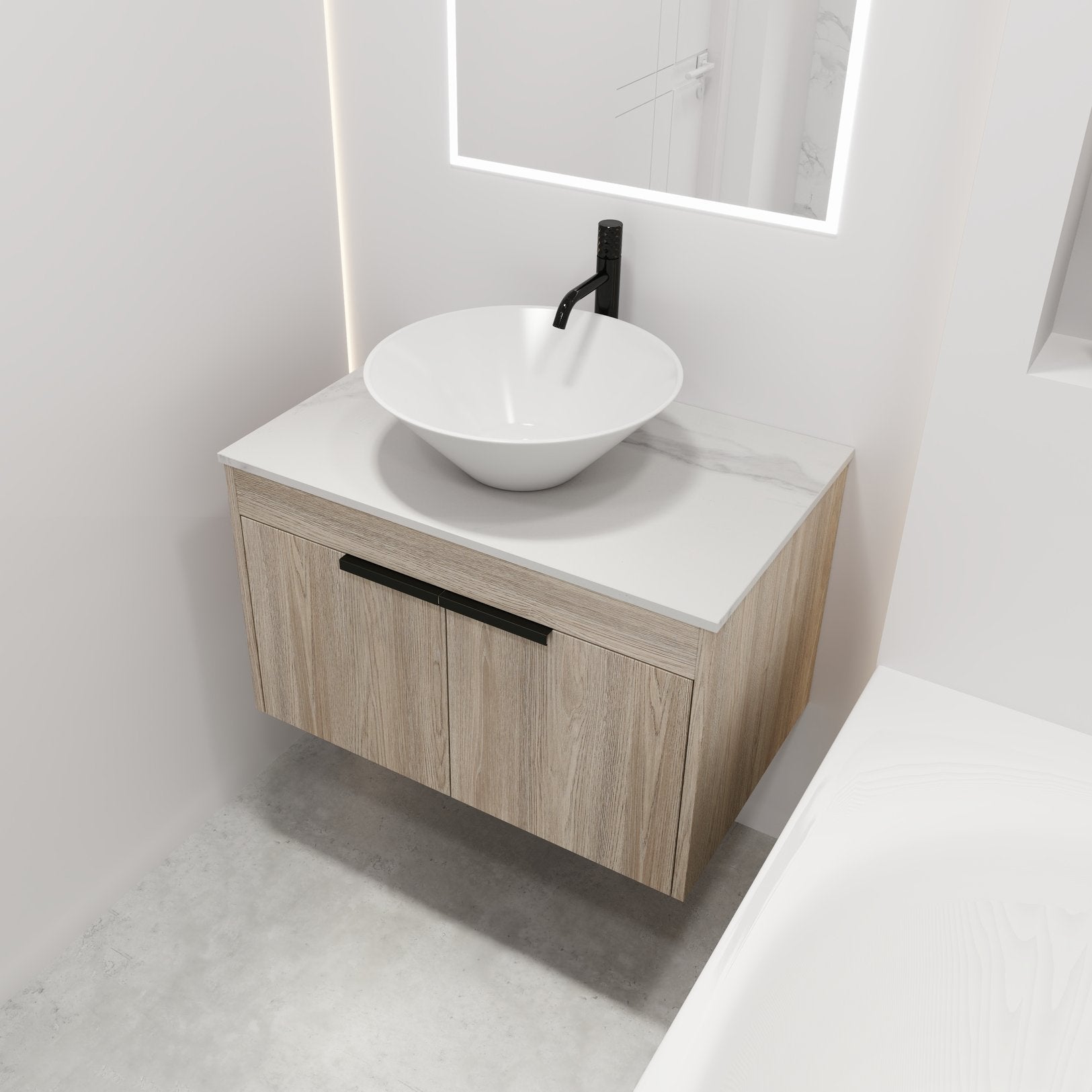 30''Modern Floating Bathroom Vanity Wall Mounted White Oak With Cerami