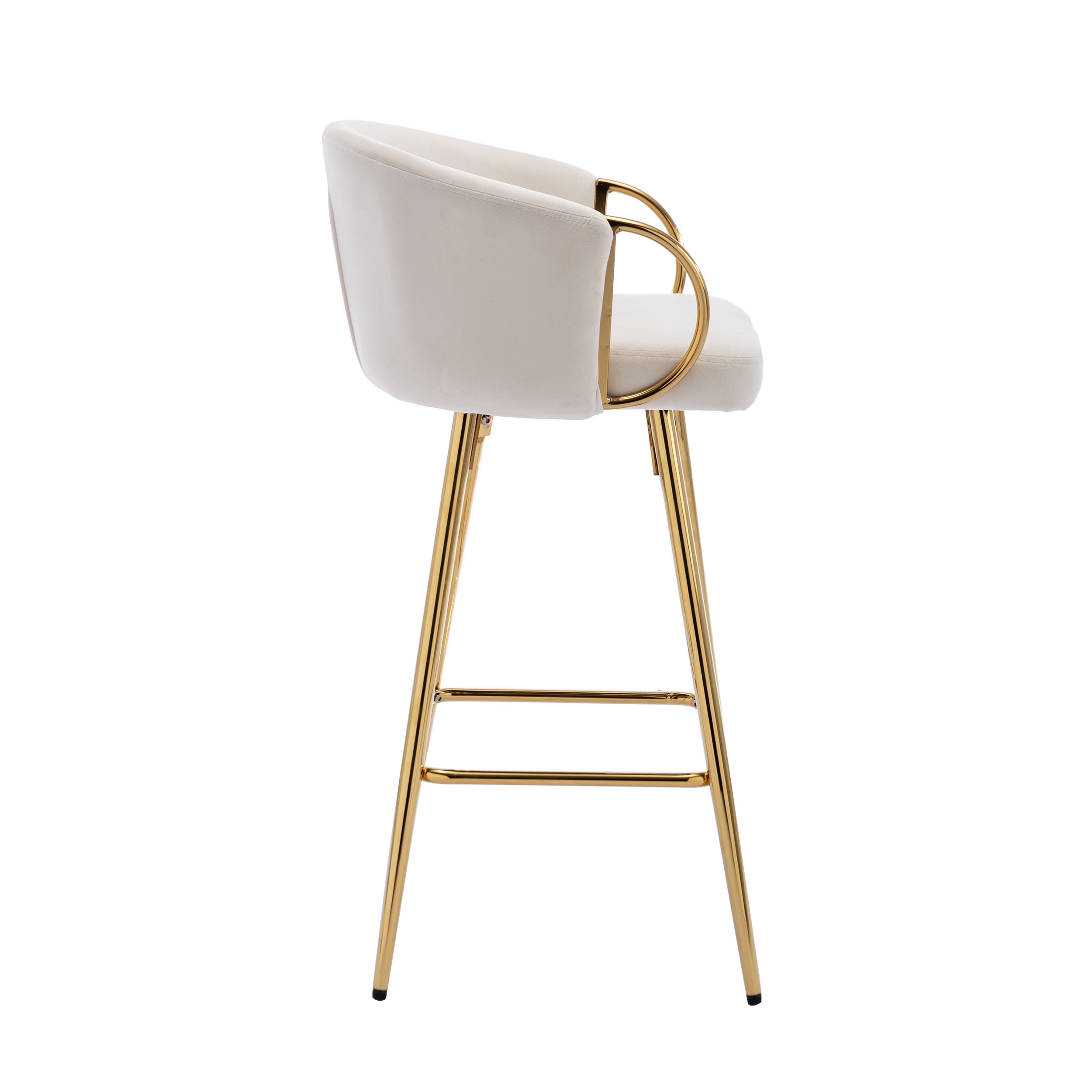 30 Inch Set Of 2 Cream Velvet Bar Stools With Gold Legs & Chrome Footr