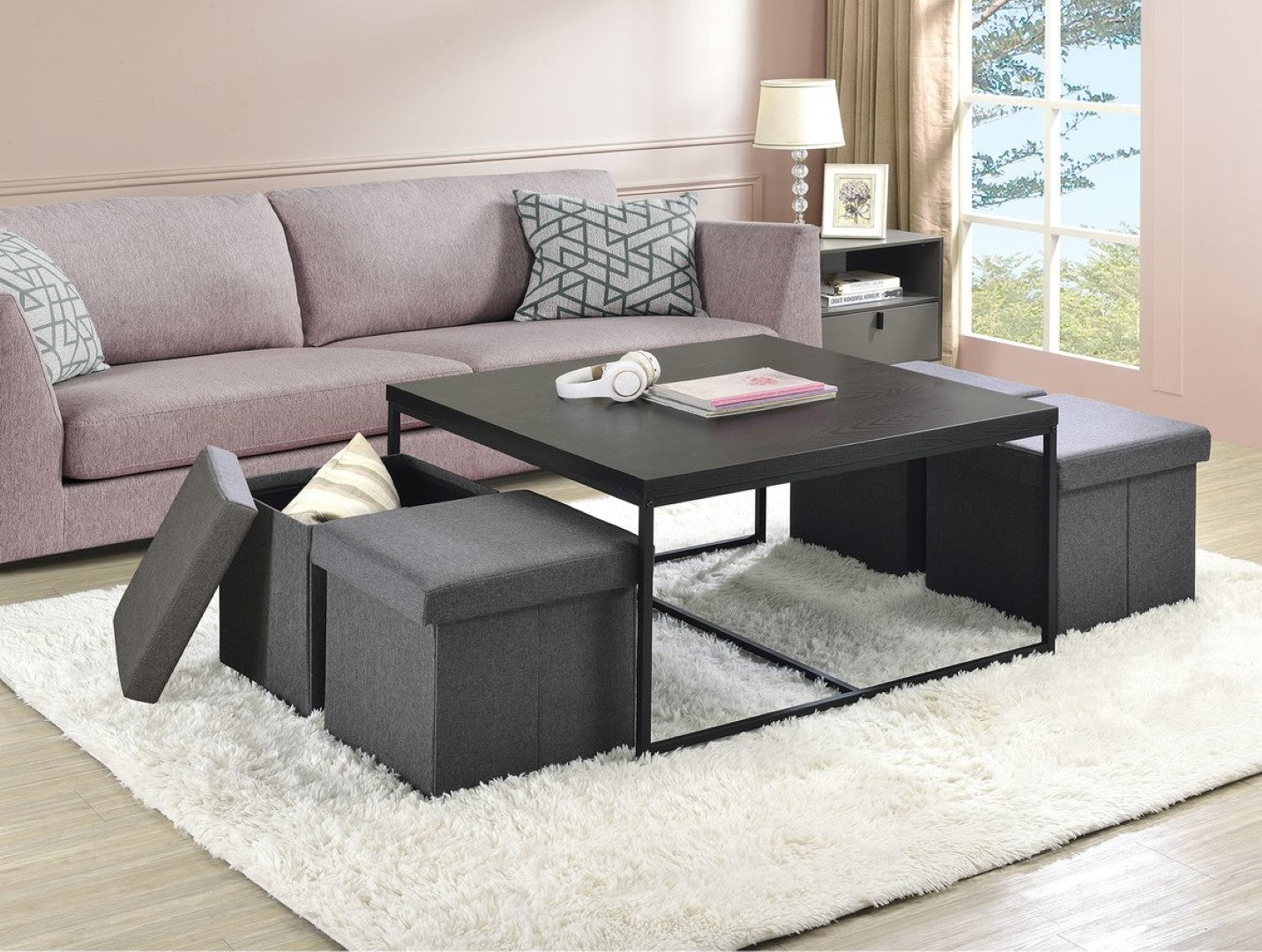 Caitlin 35" Black Wood Grain Coffee Table Set with 4 Storage Stools