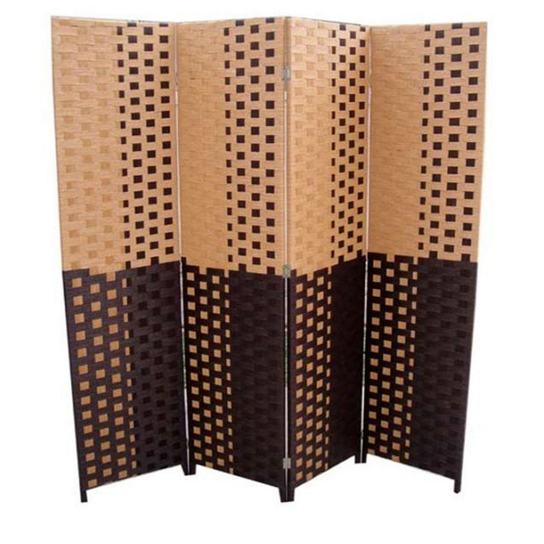 70.75" Handcrafted 4-Panel Room Divider With Paper Straw Weave, Espres