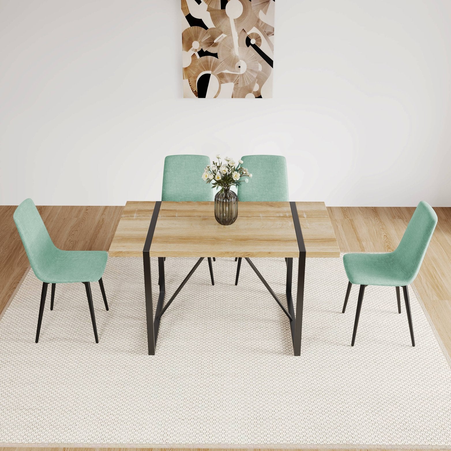 55" Mid-Century Modern Mdf Wood Dining Table & 4 Linen Chairs Set – Du