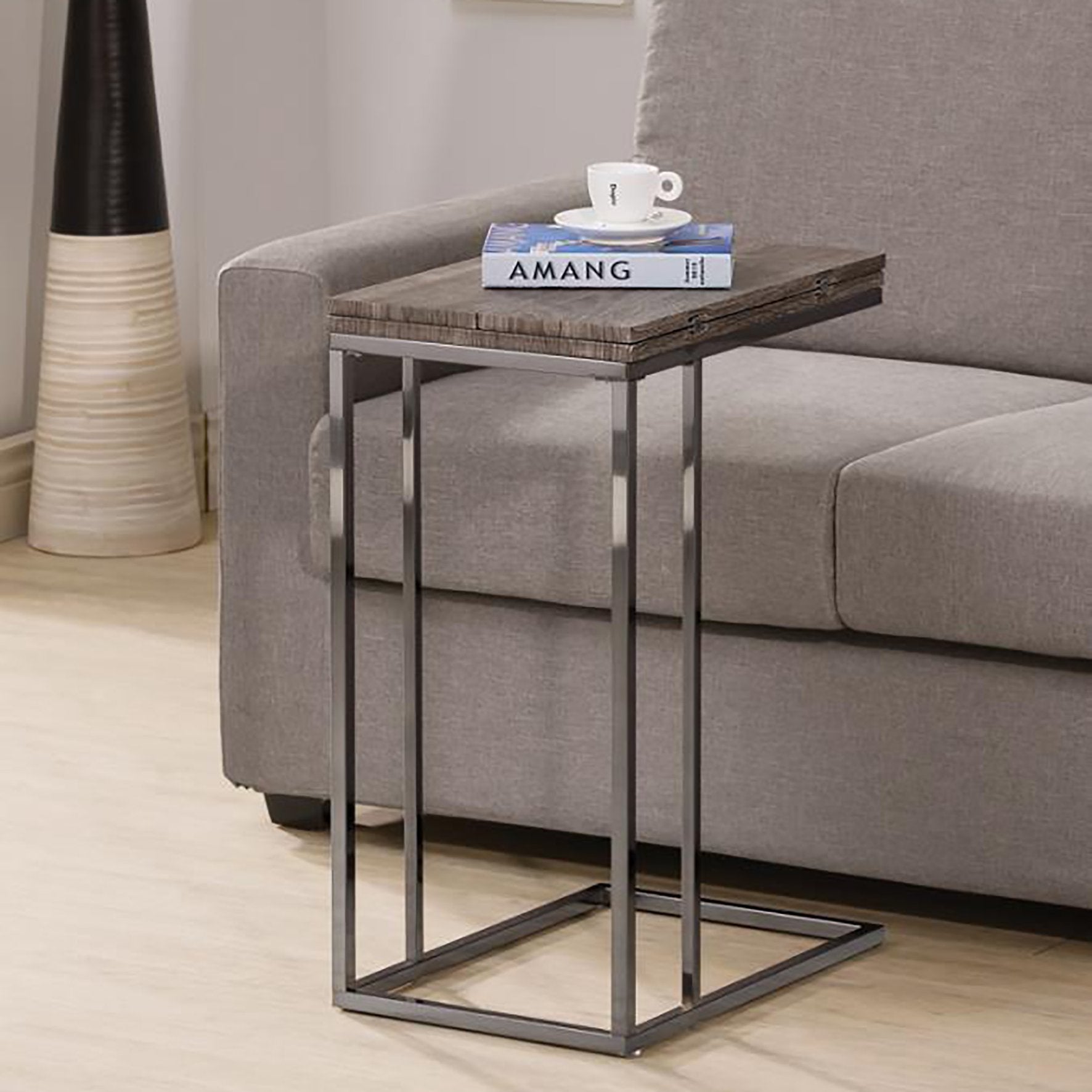 Weathered Mortimer Snack Table With Expandable Top, Nickel Frame, Weat