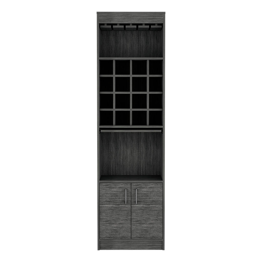 Bar Cabinet Modoc Smokey Oak Gray – 16 Cubbies, 12-Glass Rack, Retract