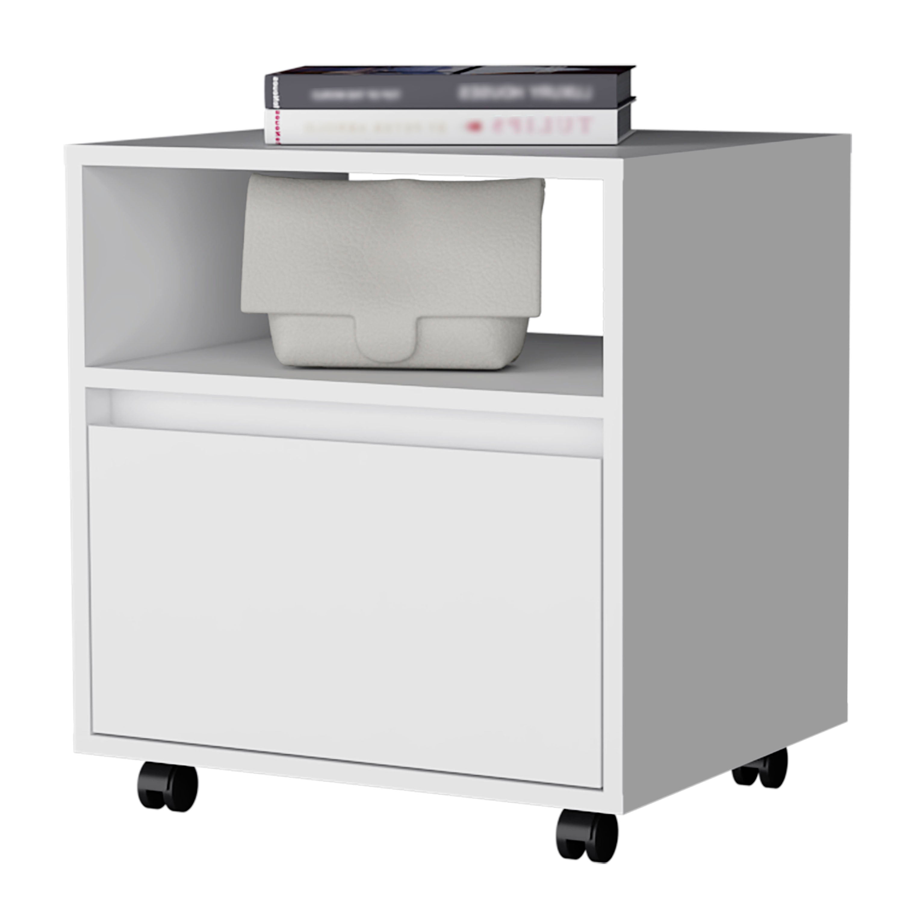 Duncan White Nightstand With Top Open Shelf, 1 Drawer & Casters For Ea