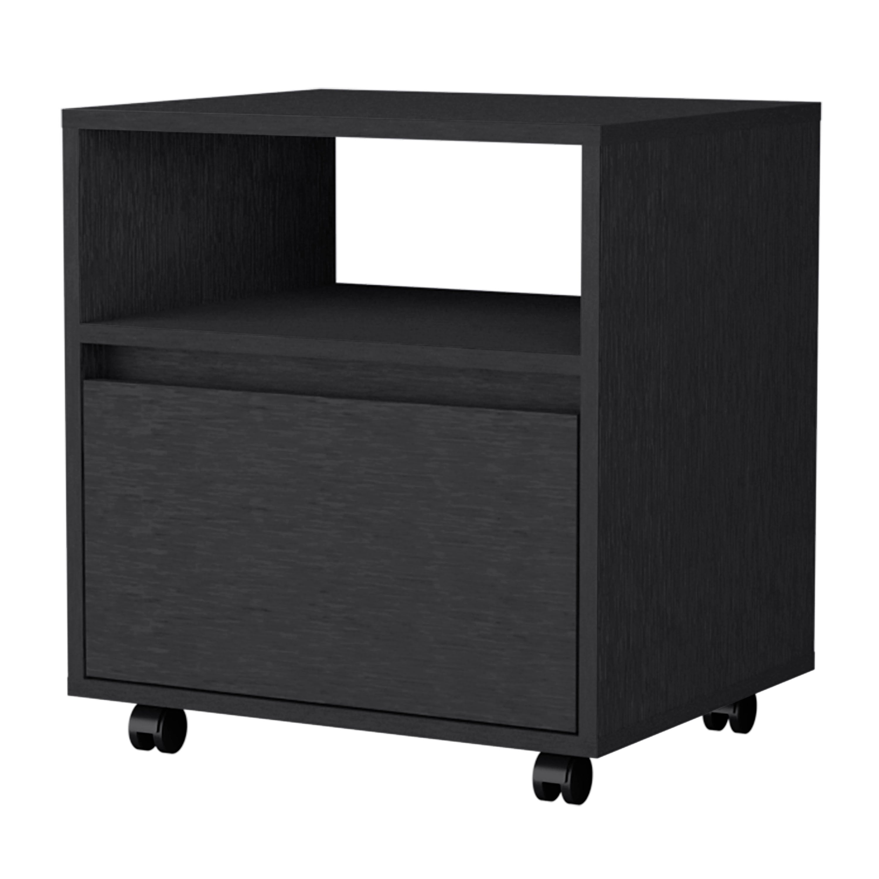 Duncan Modern Nightstand With Top Open Shelf, Drawer & Casters In Blac