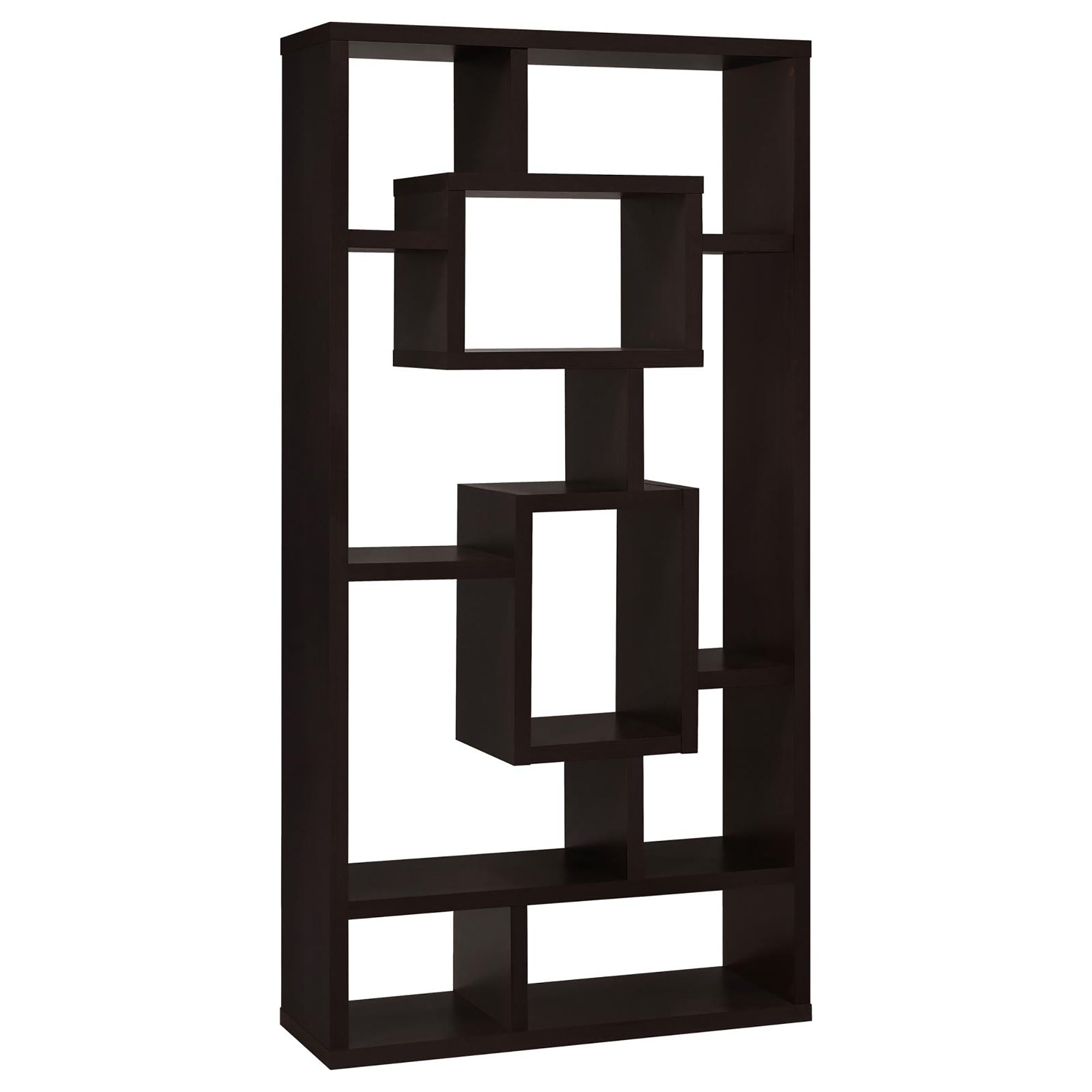 Cappuccino Geometric 10-Shelf Open Back Bookcase — White, Cappuccino