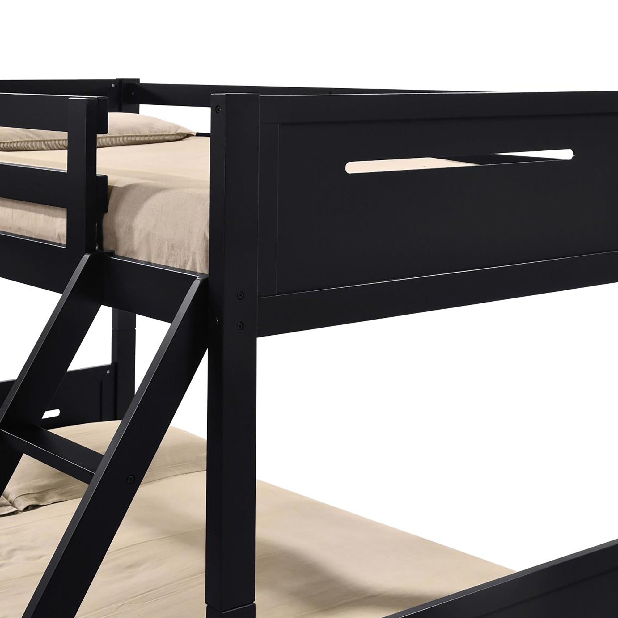 Black Twin/Full Bunk Bed Sturdy Rubberwood Frame with Angled Ladder, G