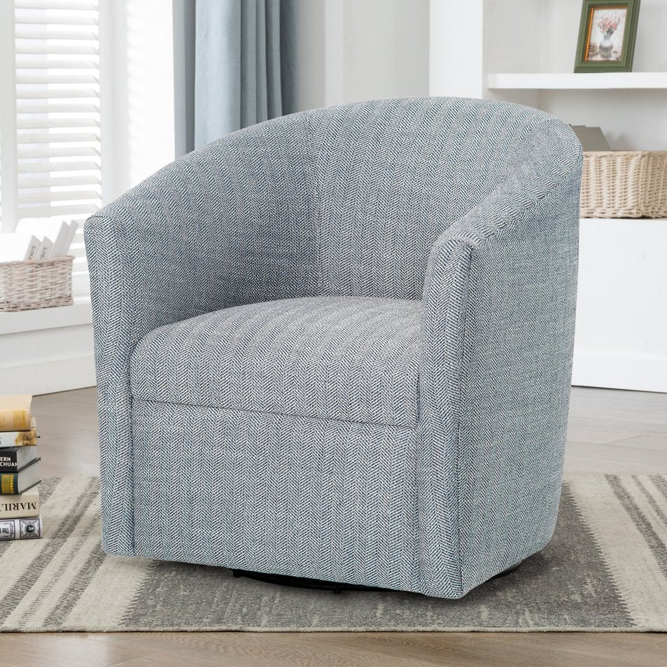 Lainey Indigo Herringbone Swivel Barrel Chair - Compact 360° Comfort,