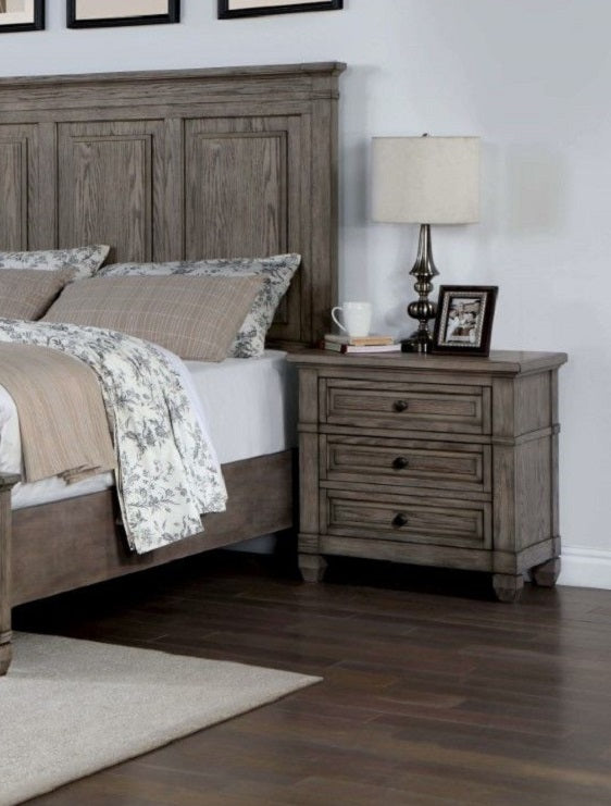 Wire-Brushed Solid Wood Nightstand Warm Gray With Usb Port, Hidden Dra