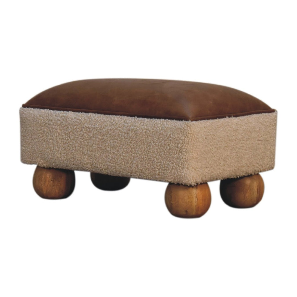 Tan Leather Boucle Ball Footstool – English Elm