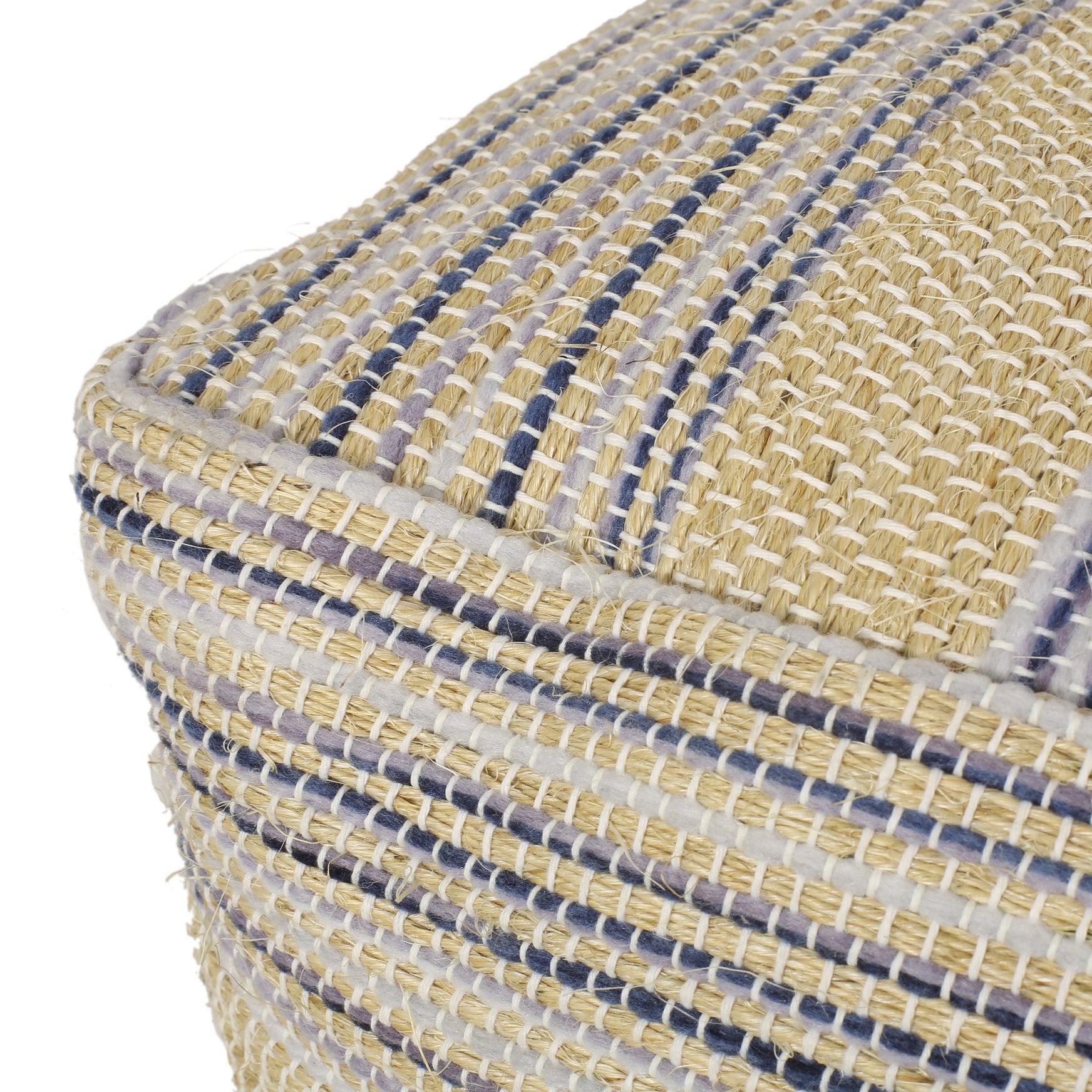Western Handcrafted Durable Wool Hemp Pouf In Natural & Blue - 20" Squ