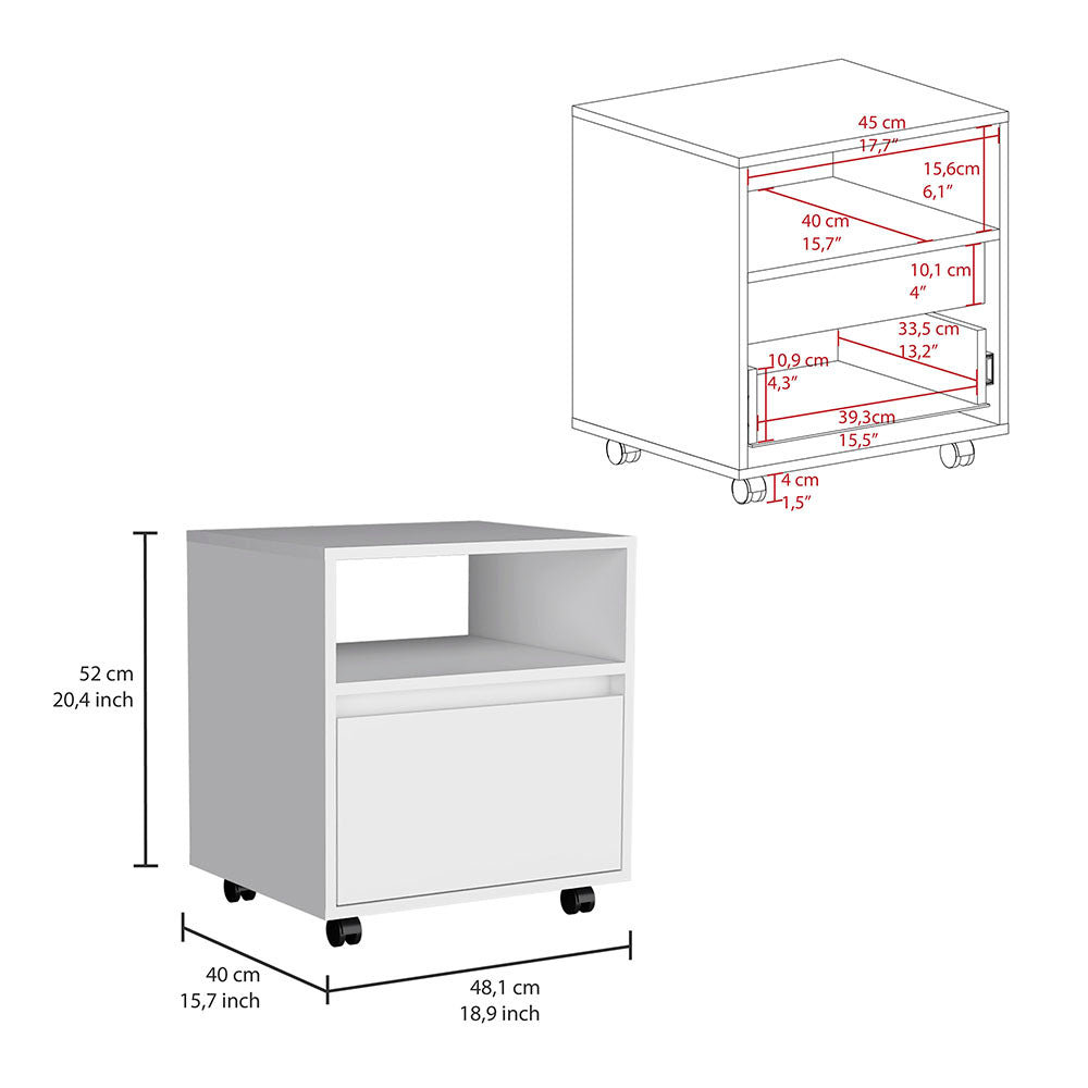 Austin Nightstand Modern White With Caster Wheels, Handle-Free Drawer