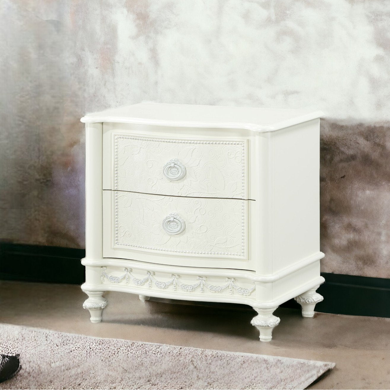 Ivory Romantic 2-Drawer Nightstand with Floral Ring Pulls, Smooth Meta