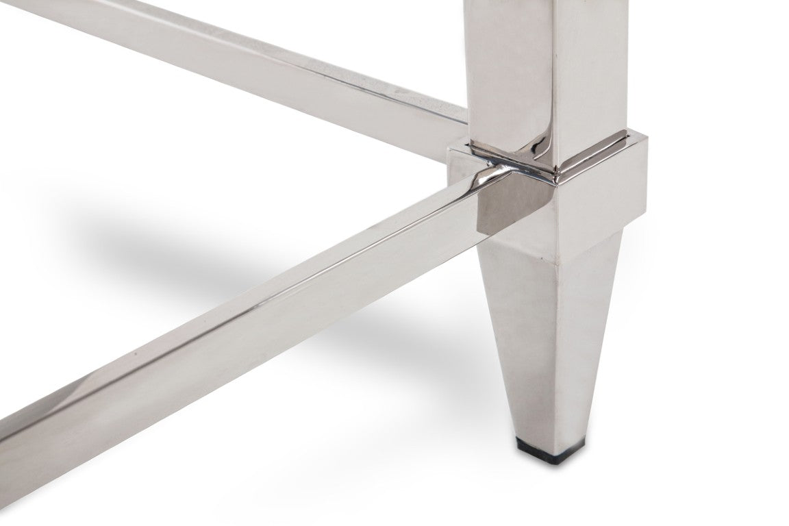 Agar Grey Tempered Glass End Table With Burnished Stainless Steel Base