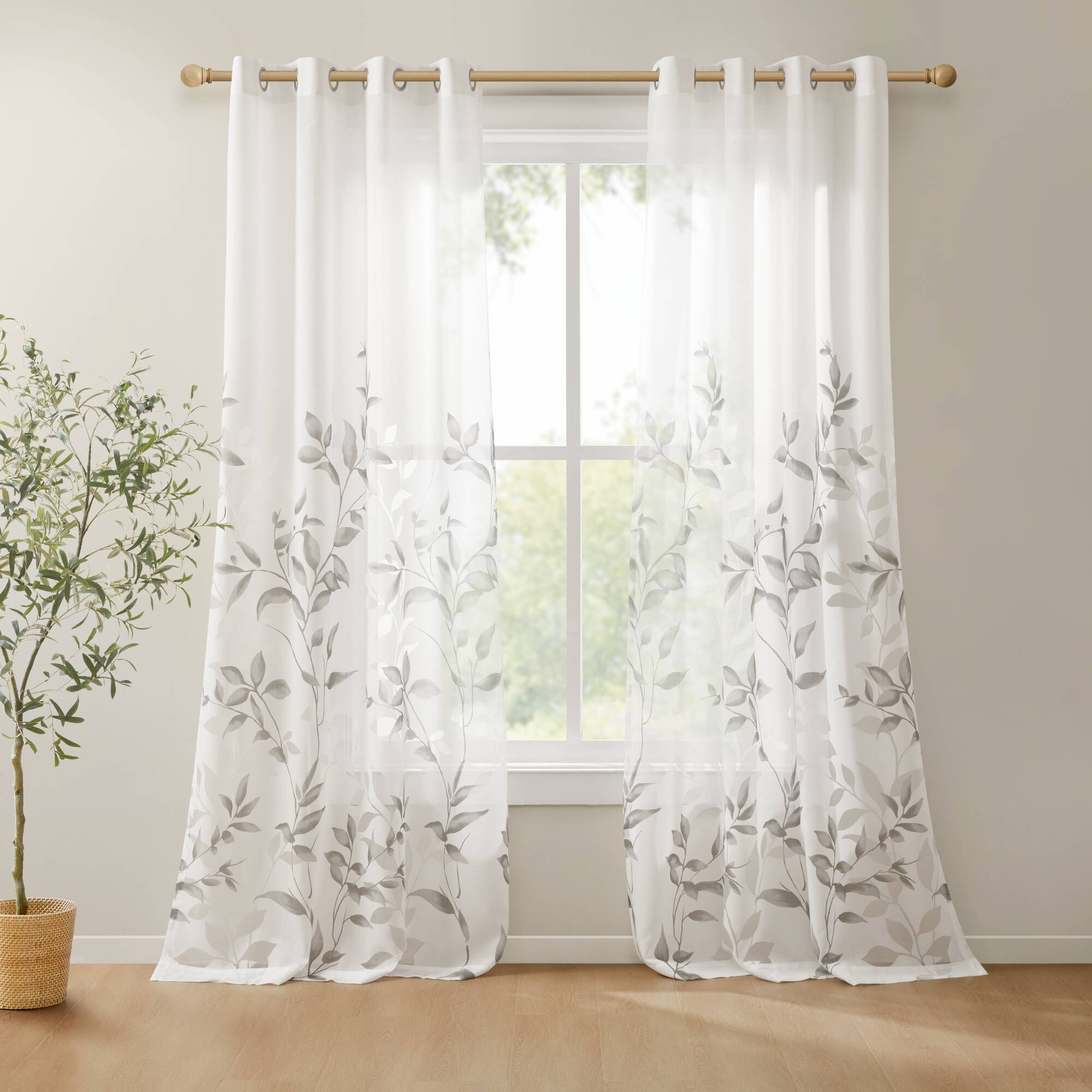Madison Park - Burnout Grey Botanical Curtain Panel With Silver Gromme