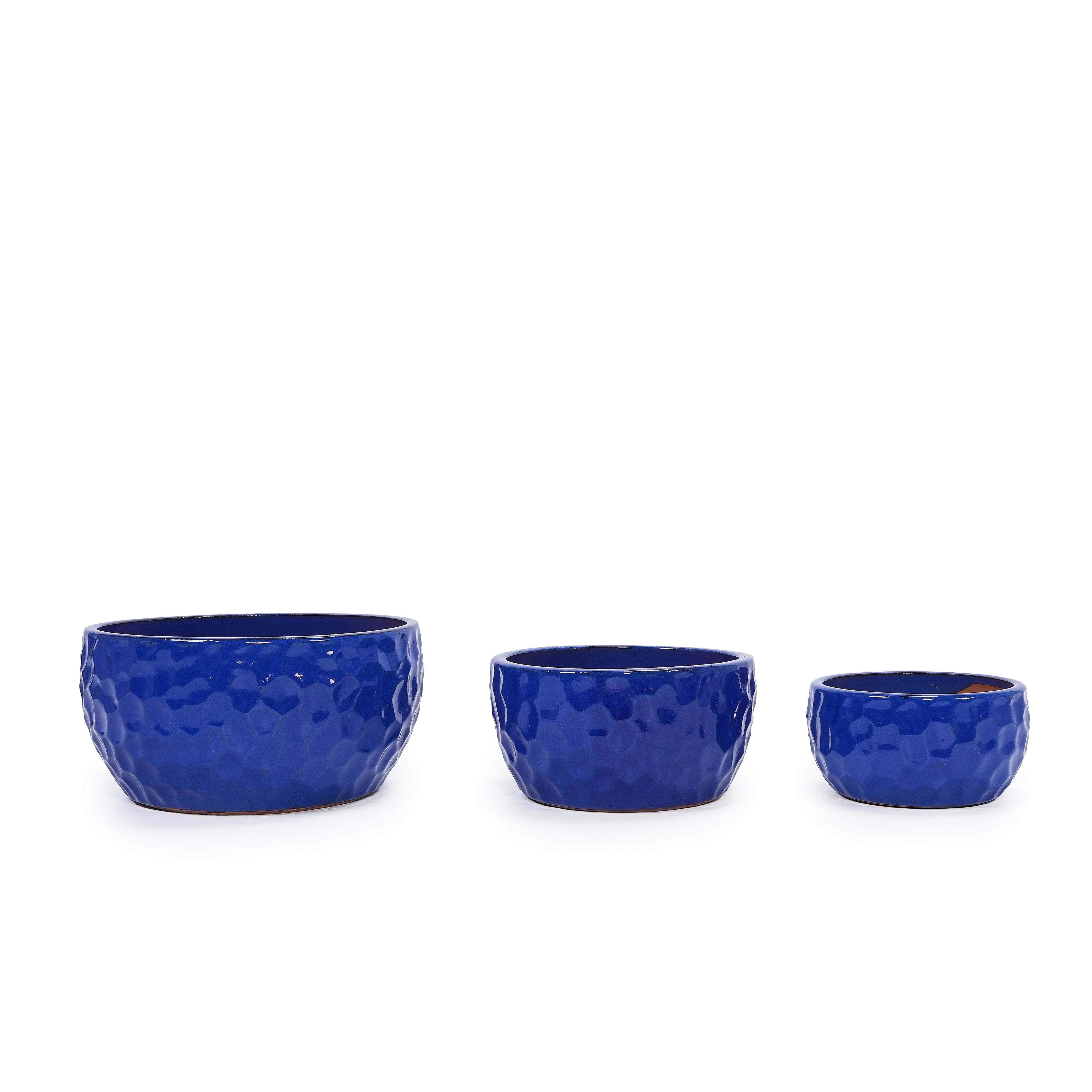 3 Pieces Ceramic Planter Pot Set - Artisan Antique Blue Flowerpots For