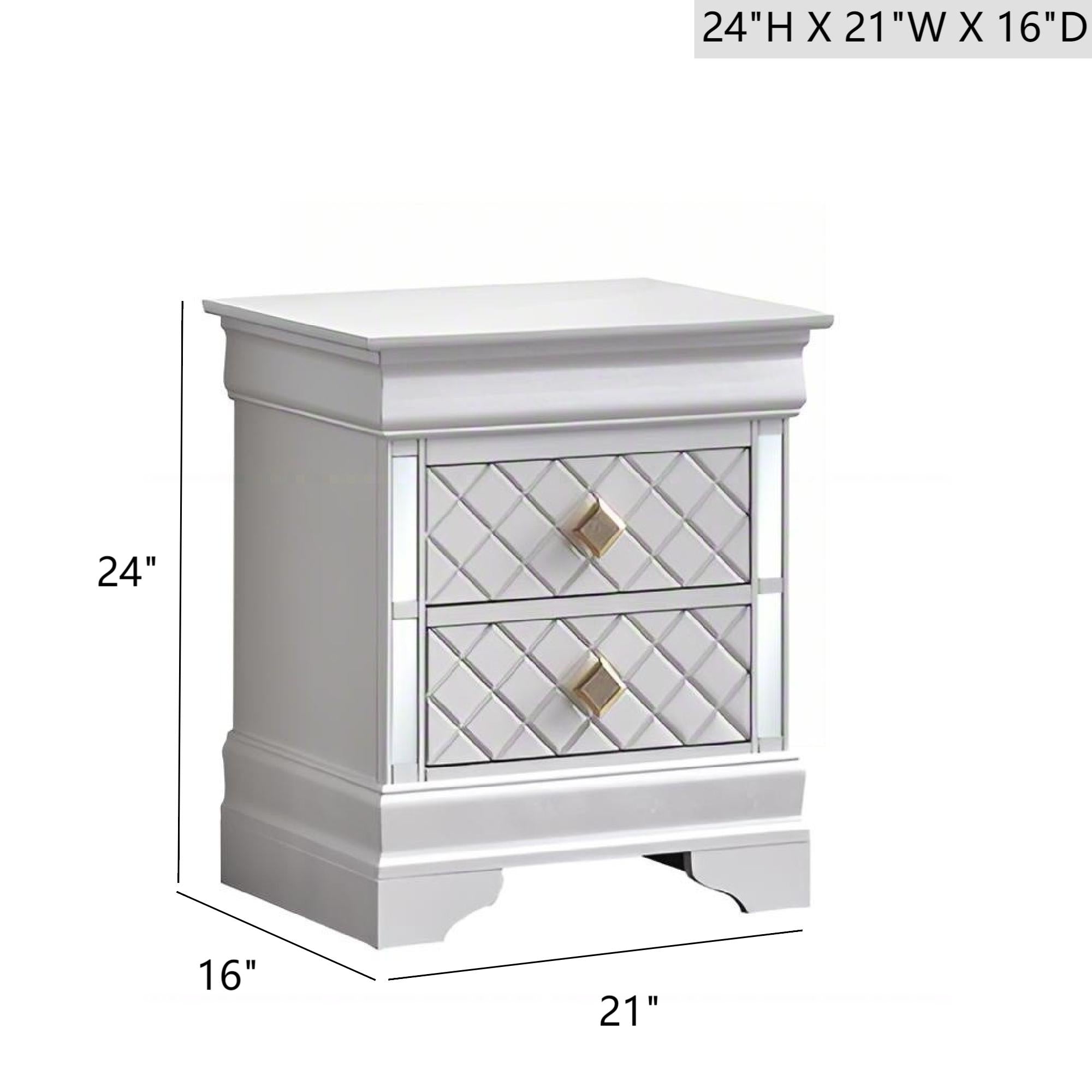 Verona Pearl White Nightstand with Dovetailed Drawers, Gold & Faux Cry