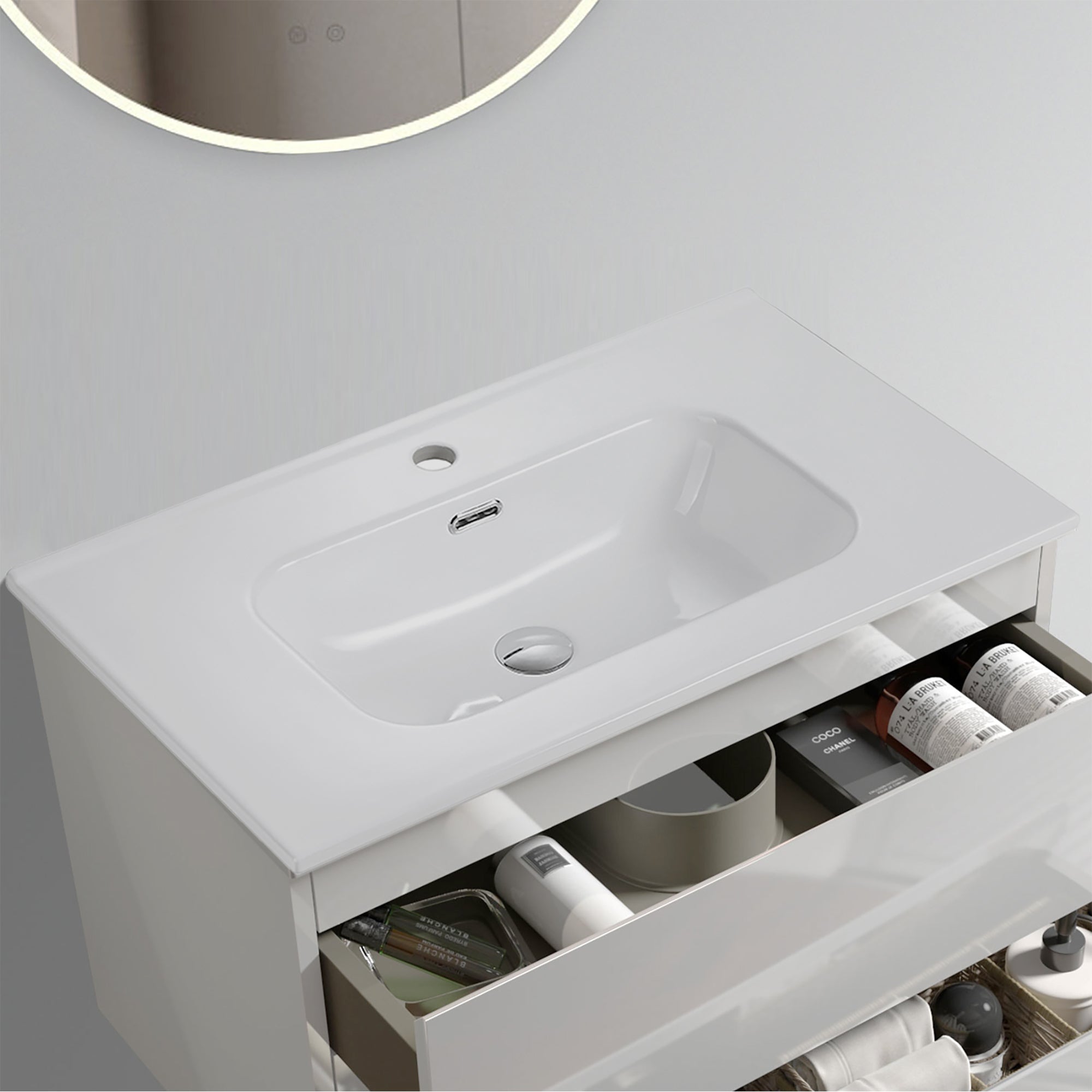 BB09-30-311, Glossy White Ceramic Integrated Basin with Rounded Edges,