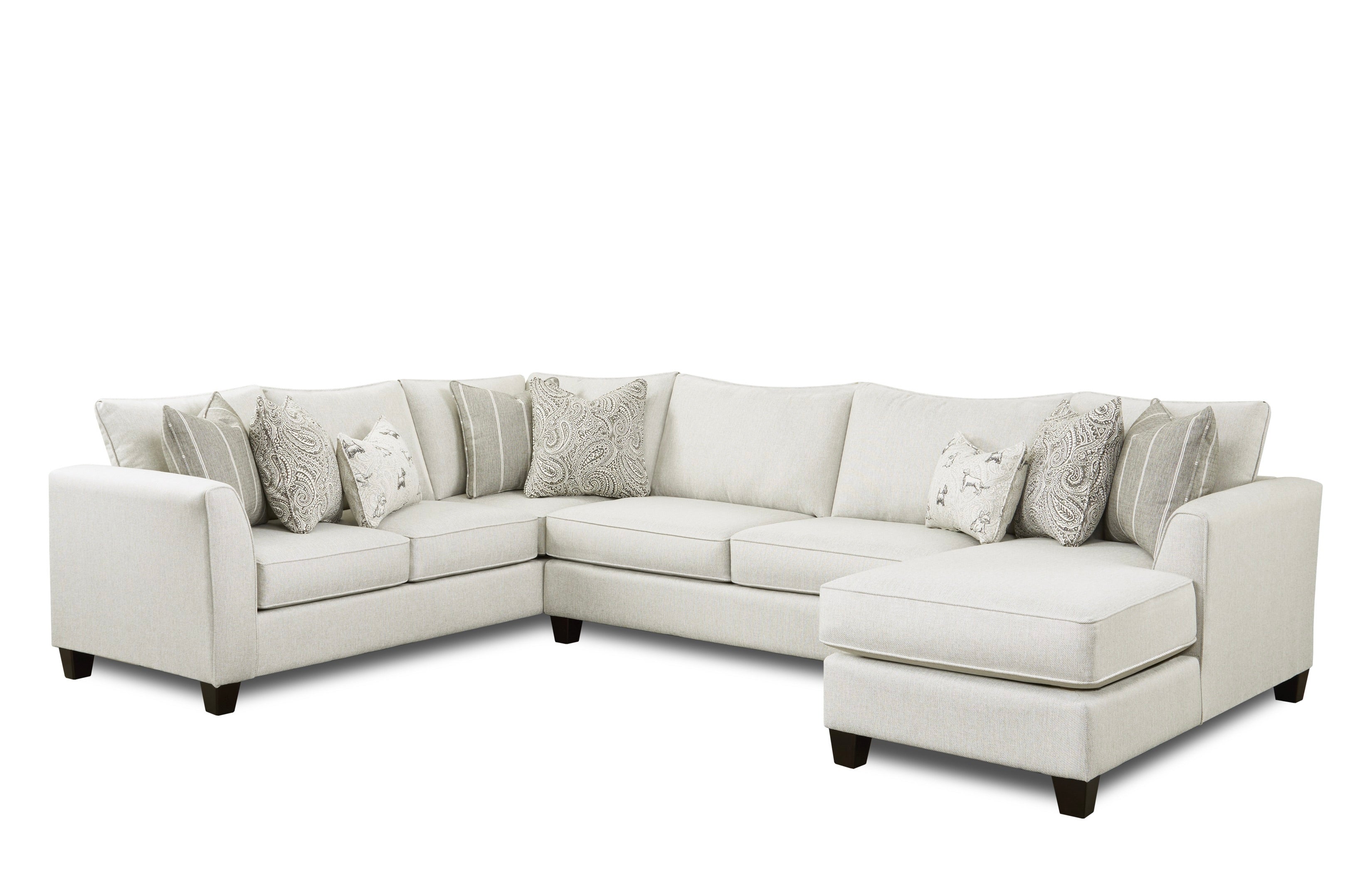 Transitional Homecoming Stone Sectional Sofa with Contrasting Pillows