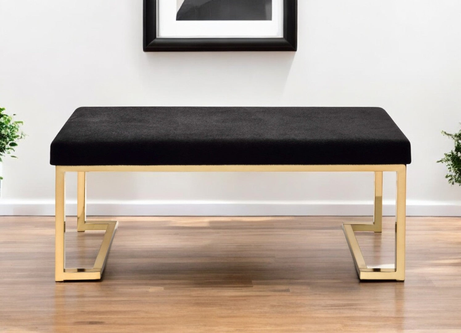 40" Chic Black Faux Fur Bench with Champagne Metal Frame – Stylish Sea