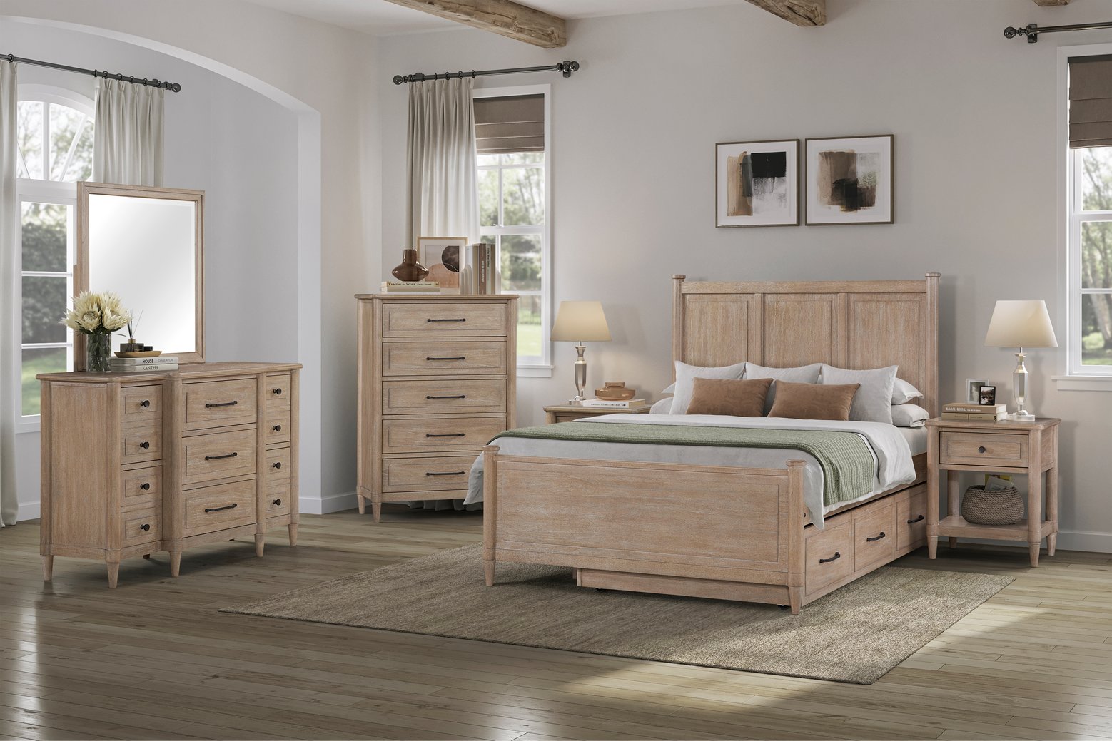 Small Breakfront Dresser With Mindi Veneer, Warm Neutral Finish, 7 Dra