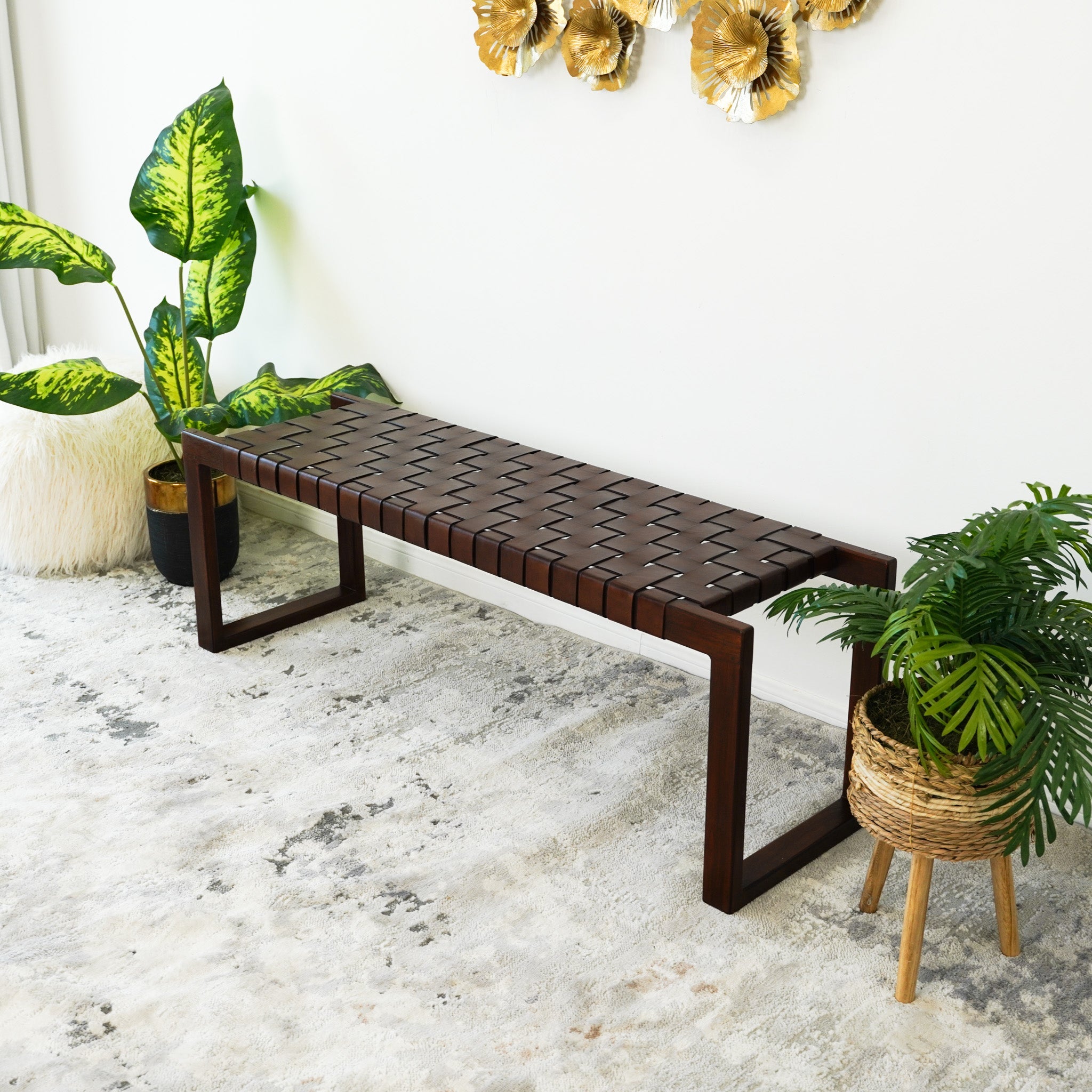 Ashcroft Furniture - Christina Mid-Century Tan Leather Bench, Genuine