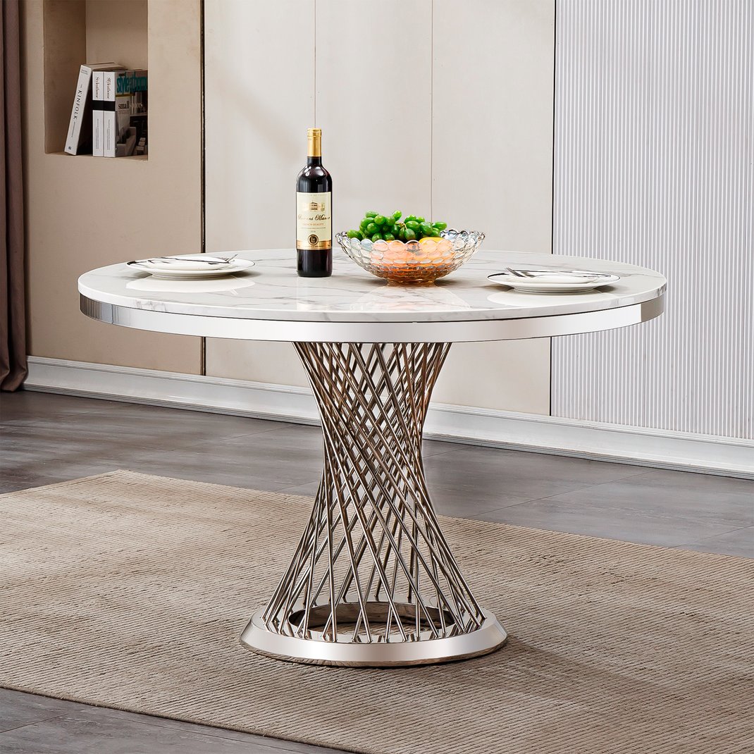 47" Round Marble Dining Table - Modern High Gloss Faux Marble Top & St